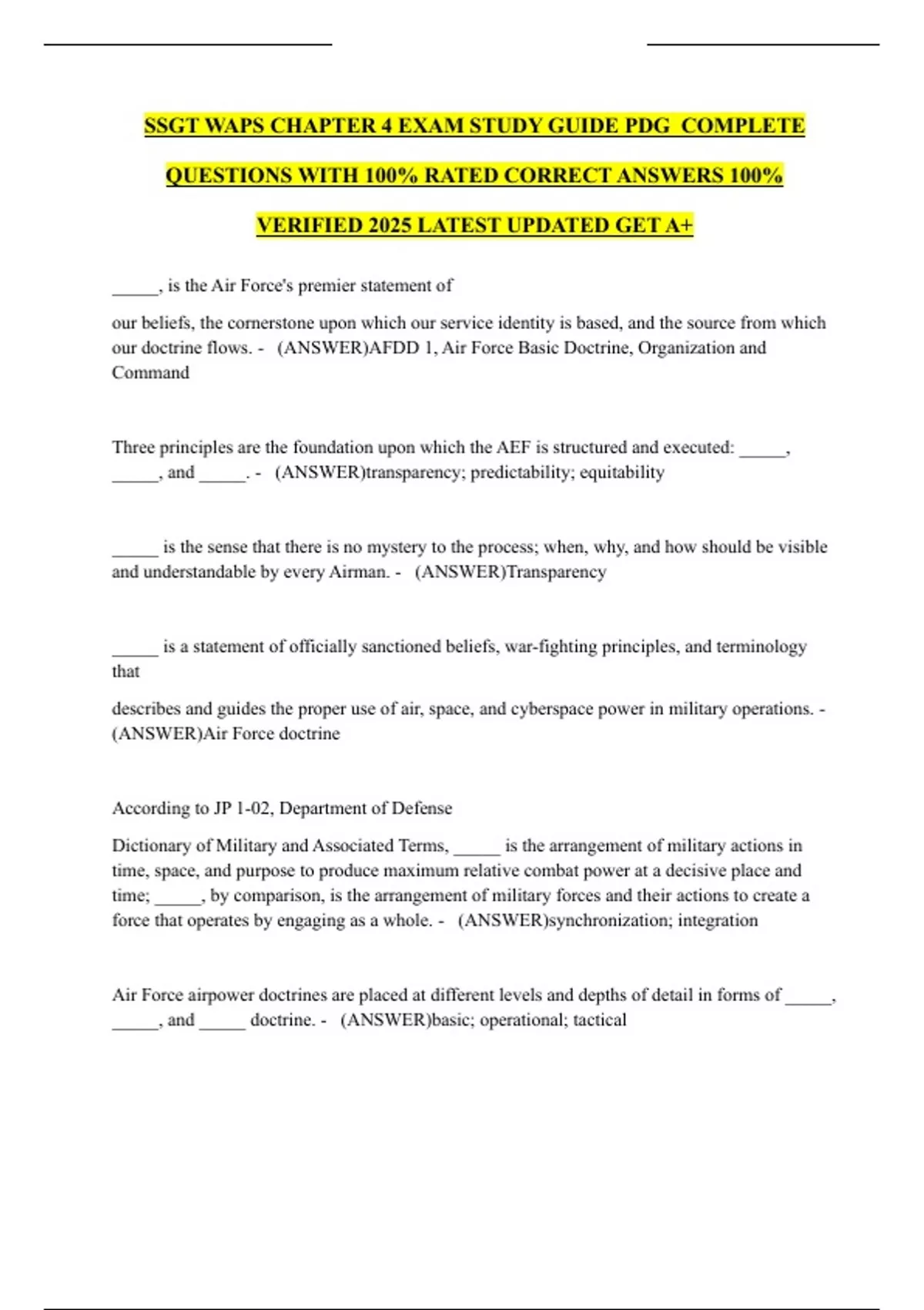 SSGT WAPS CHAPTER 4 EXAM STUDY GUIDE PDG COMPLETE QUESTIONS WITH 100% RATED CORRECT ANSWERS 100% ...