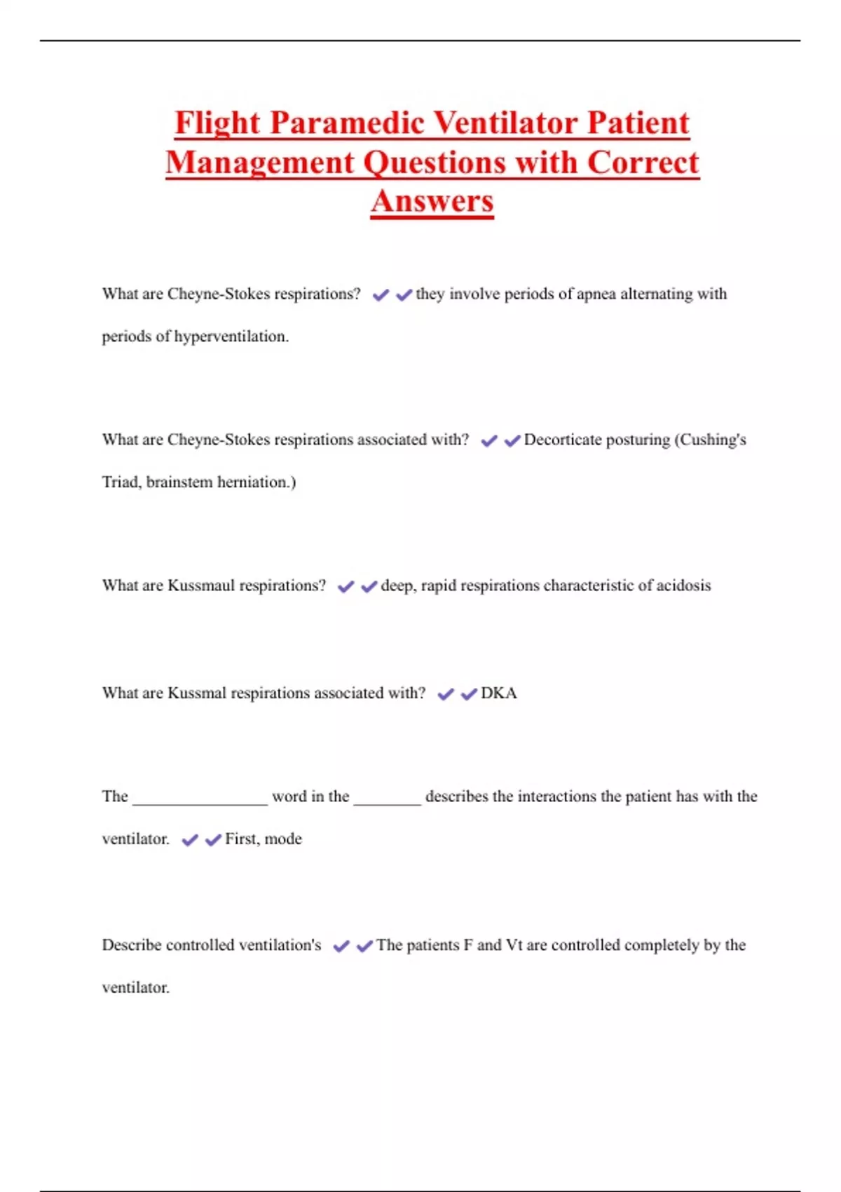 Flight Paramedic Ventilator Patient Management Questions with Correct ...