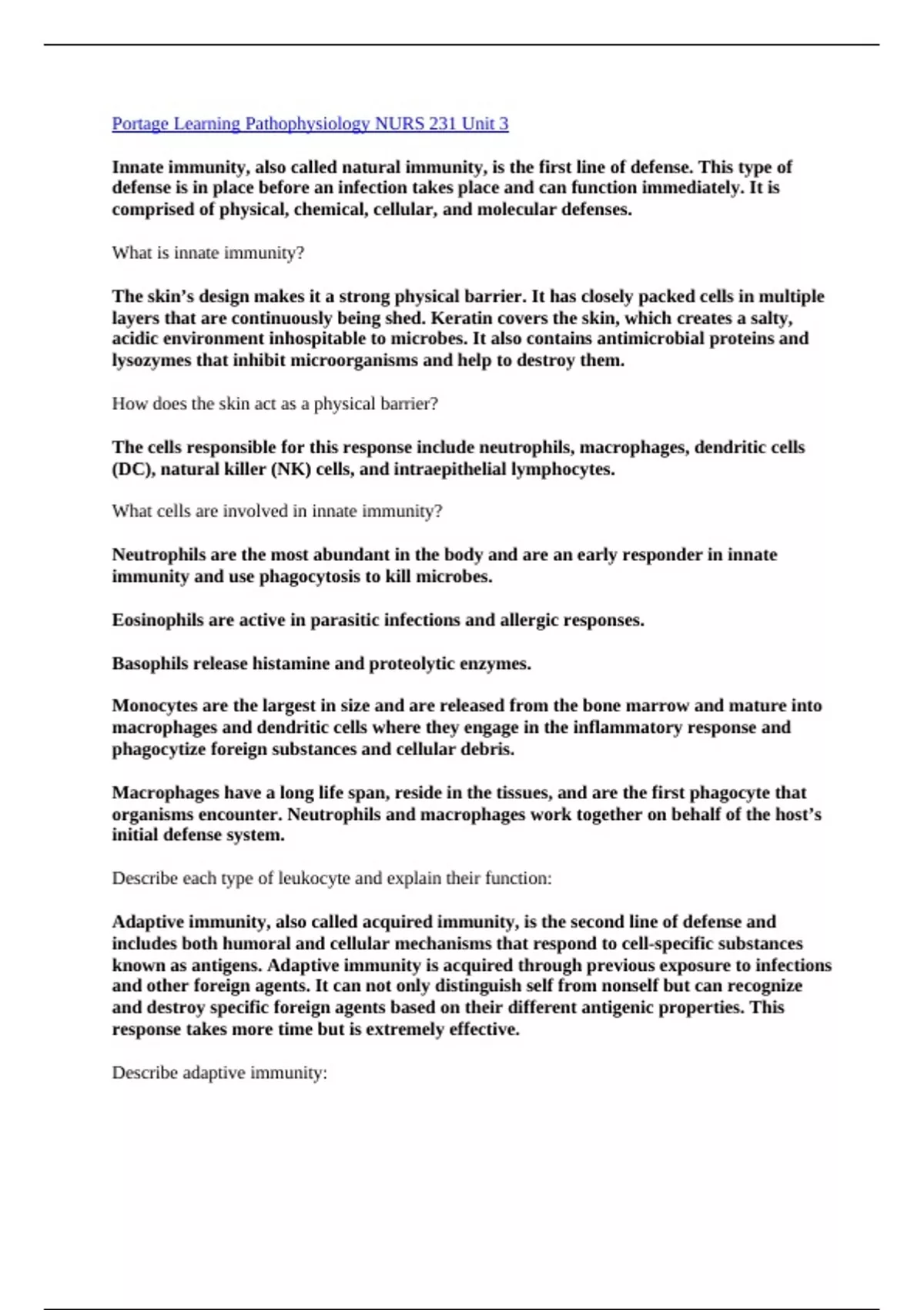 Portage Learning Pathophysiology NURS 231 Unit 3 Questions and answers - Portage Learning ...