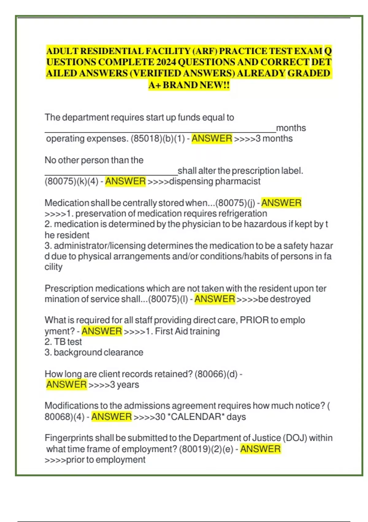 CALIFORNIA ARF ADMINISTOR CERTIFICATION EXAM ACTUAL EXAM WITH COMPLETE ...