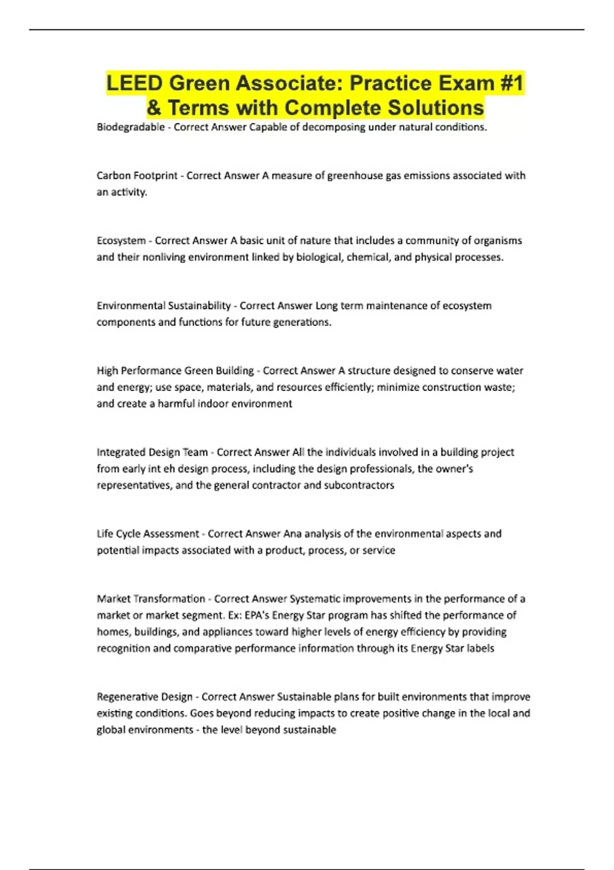 LEED Green Associate: Practice Exam #1 & Terms with Complete Solutions ...