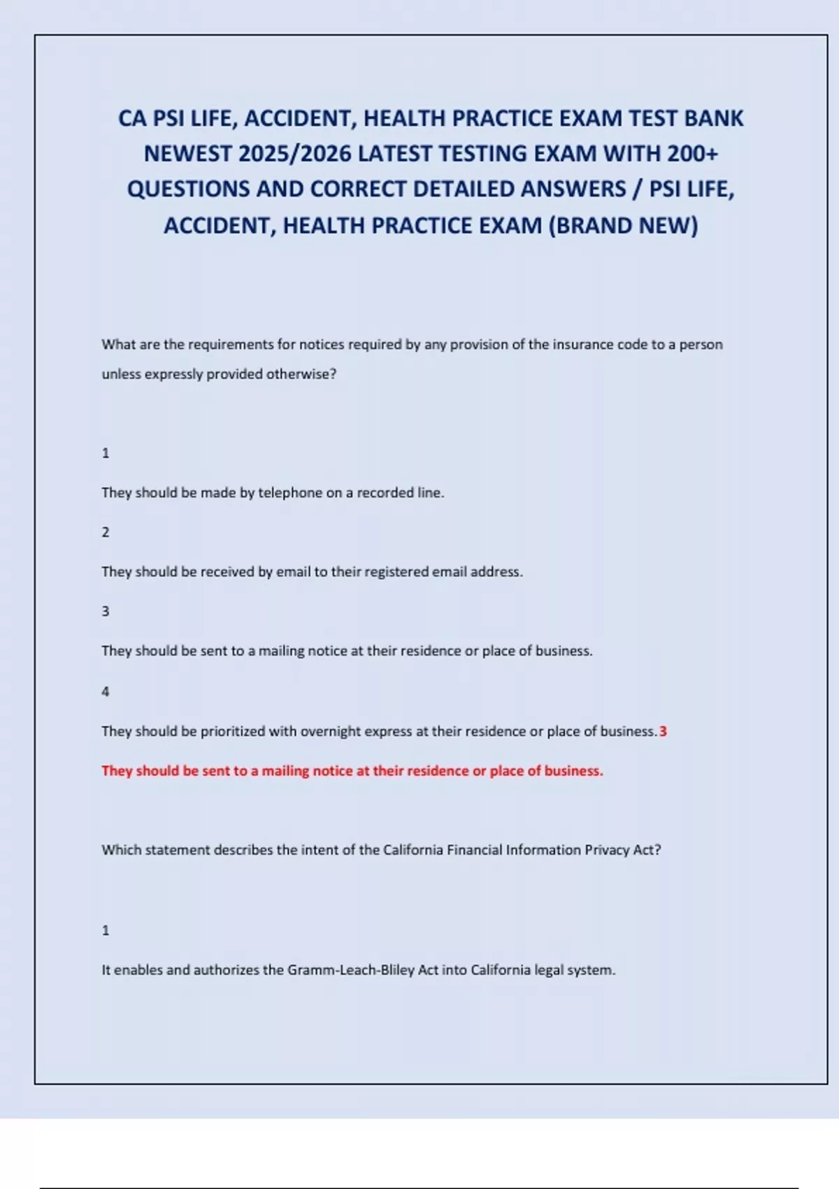 CA PSI LIFE (SITE LIFE ACCIDENT AND HEALTH (SICKNESS) EXAM (LIFE AGENT ...