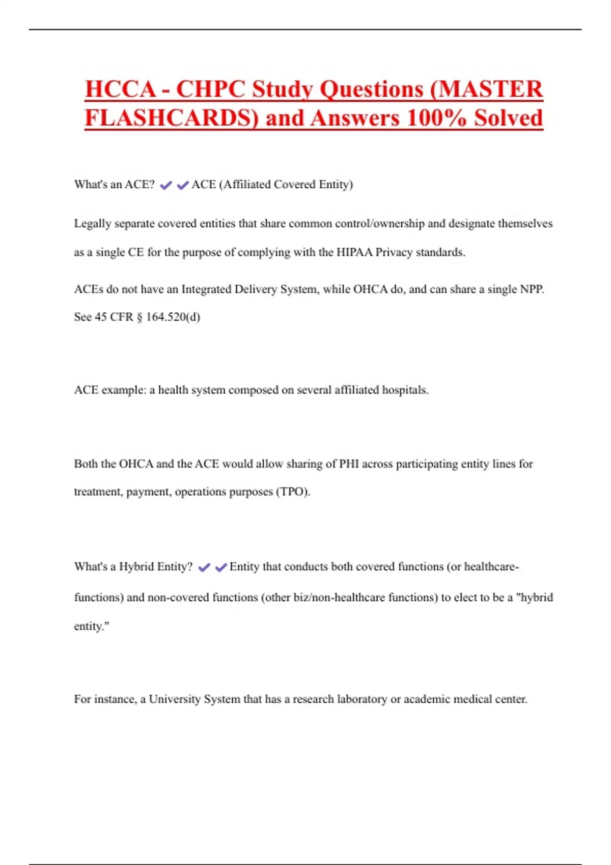 HCCA - CHPC Study Questions (MASTER FLASHCARDS) and Answers 100% Solved ...