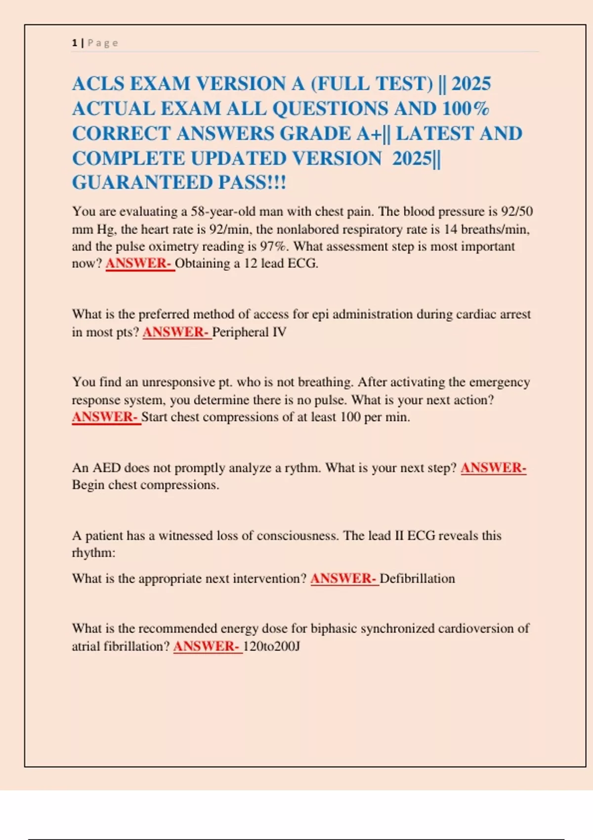ACLS EXAM VERSION A (FULL TEST) || 2025 ACTUAL EXAM ALL QUESTIONS AND ...