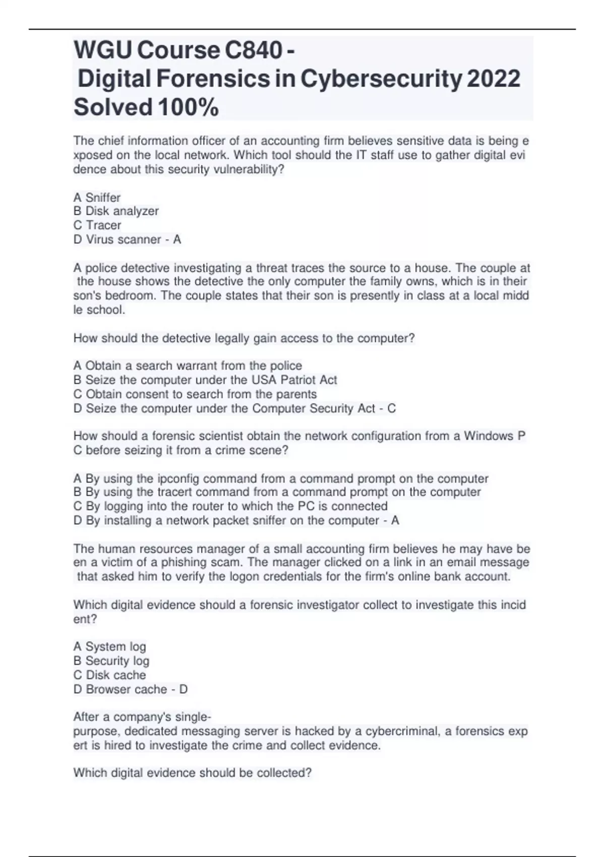 DIGITAL FORENSICS ACTUAL OBJECTIVE ASSESSMENT LATEST 2025 COMPLETE REAL ...