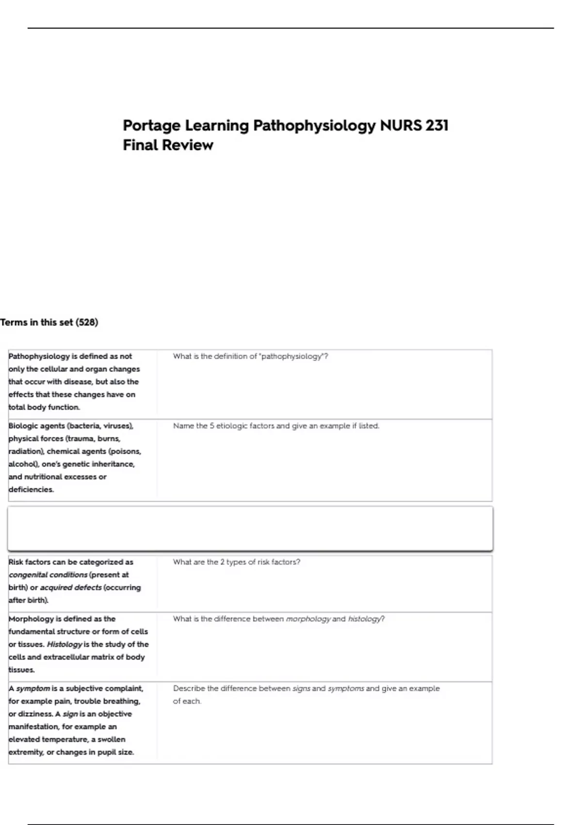 Portage Learning Pathophysiology NURS 231 Final Review Flashcards|528 ...