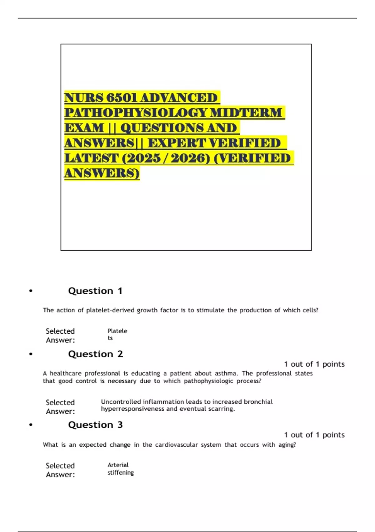 NURS 6501 ADVANCED PATHOPHYSIOLOGY MIDTERM EXAM || QUESTIONS AND ...