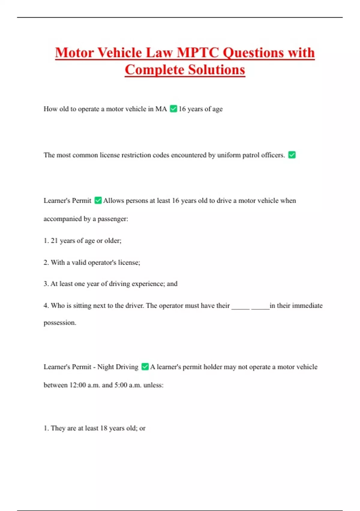 Motor Vehicle Law MPTC Questions with Complete Solutions - MPTC ...