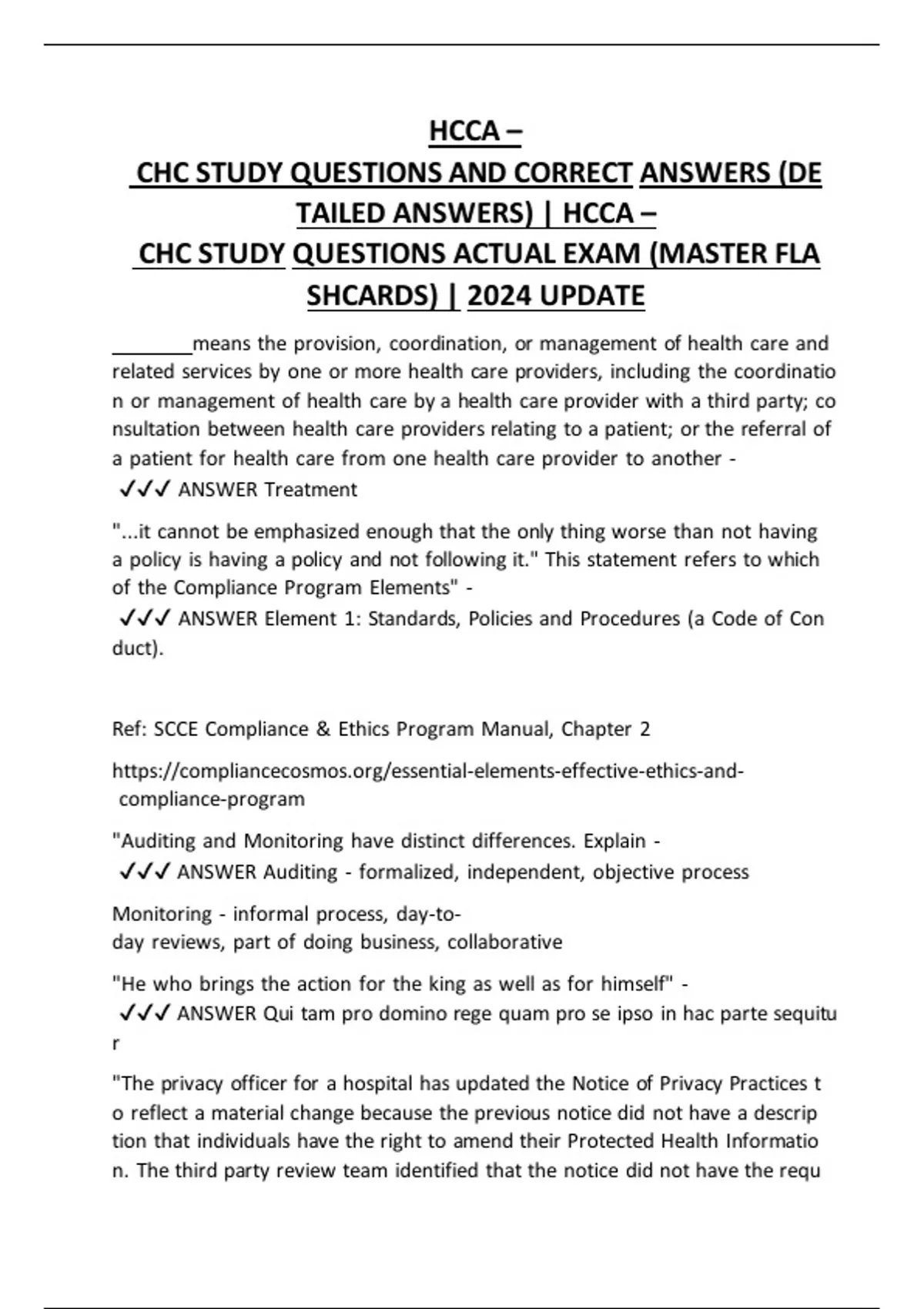 HCCA- CHC EXAM, PRACTICE EXAM AND STUDY GUIDE NEWEST 2024 ACTUAL EXAM 500+ QUESTIONS AND CORRECT ...