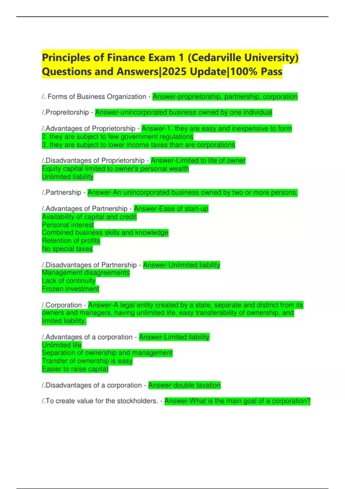 Principles of Finance Exam 1 (Cedarville University) Questions and ...