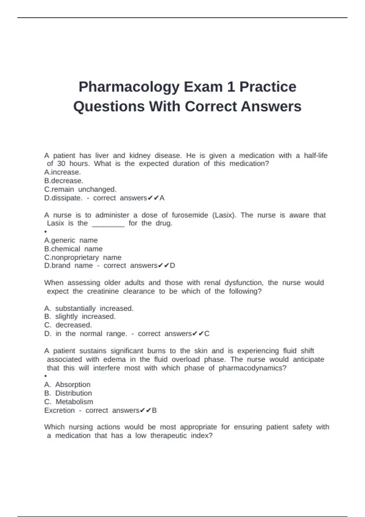 Pharmacology Exam 1 Practice Questions With Correct Answers ...