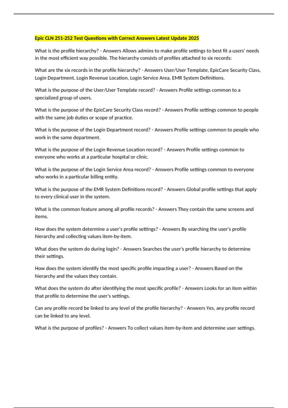 Epic CLN 251-252 Test Questions with Correct Answers Latest Update 2025 ...