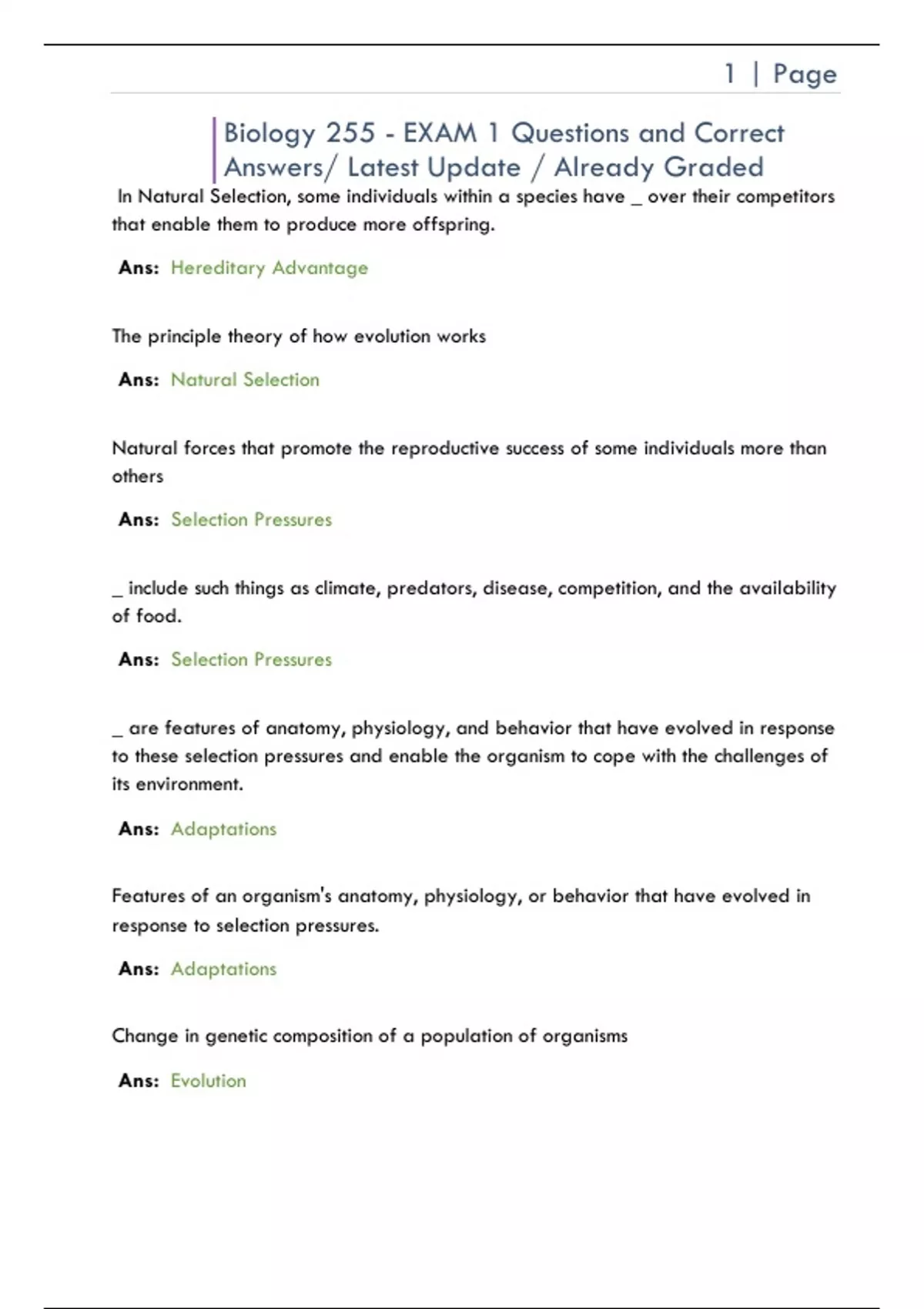 Biology 255 - EXAM 1 Questions and Correct Answers/ Latest Update ...