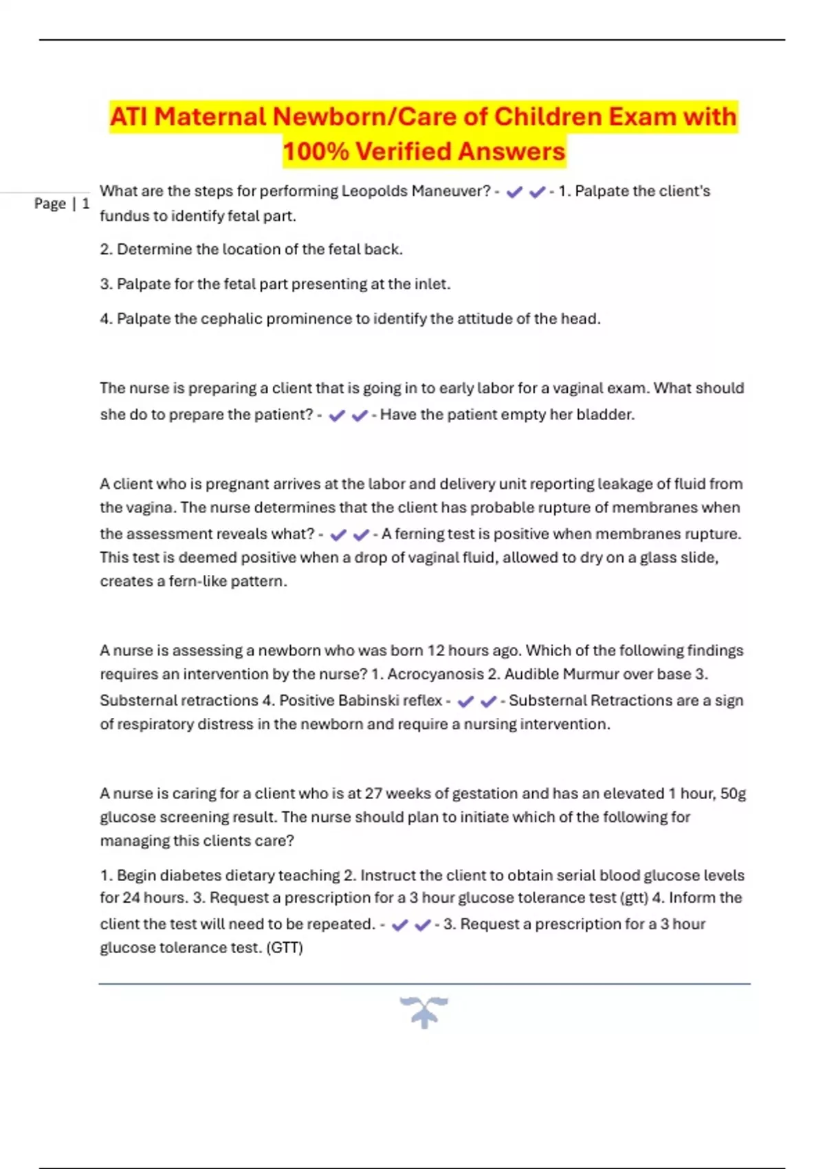 ATI Maternal Newborn/Care of Children Exam with 100% Verified Answers ...