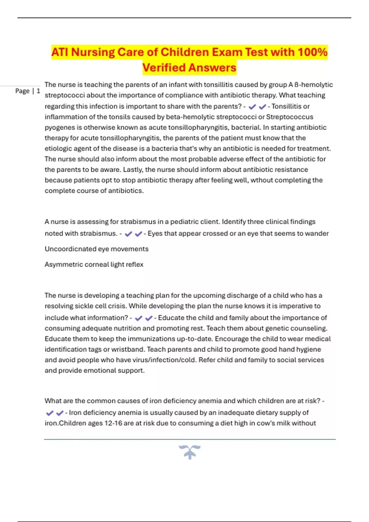 ATI Nursing Care of Children Exam Test with 100% Verified Answers - ATI ...