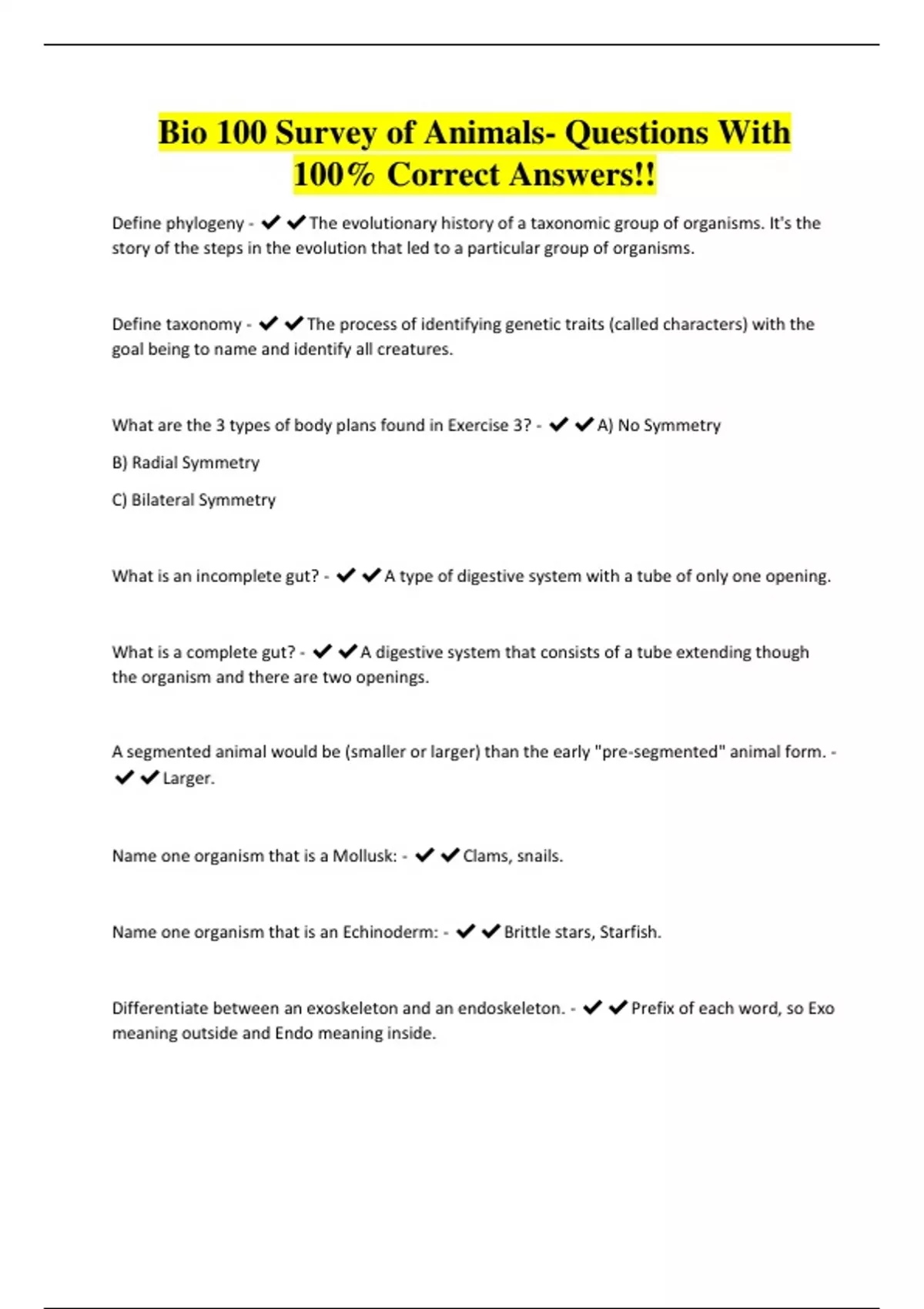 Bio 100 Survey of Animals- Questions With 100% Correct Answers - Class ...
