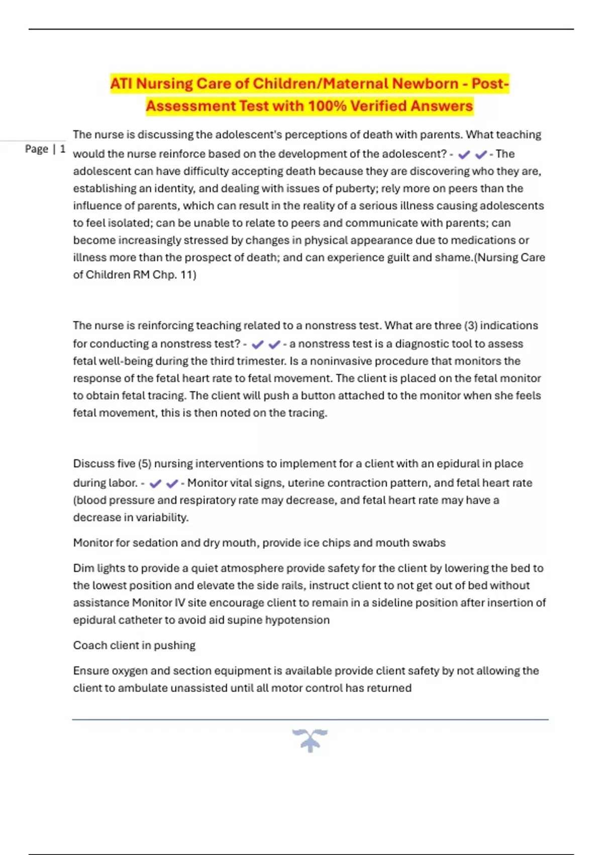ATI Nursing Care of Children/Maternal Newborn - Post- Assessment Test ...