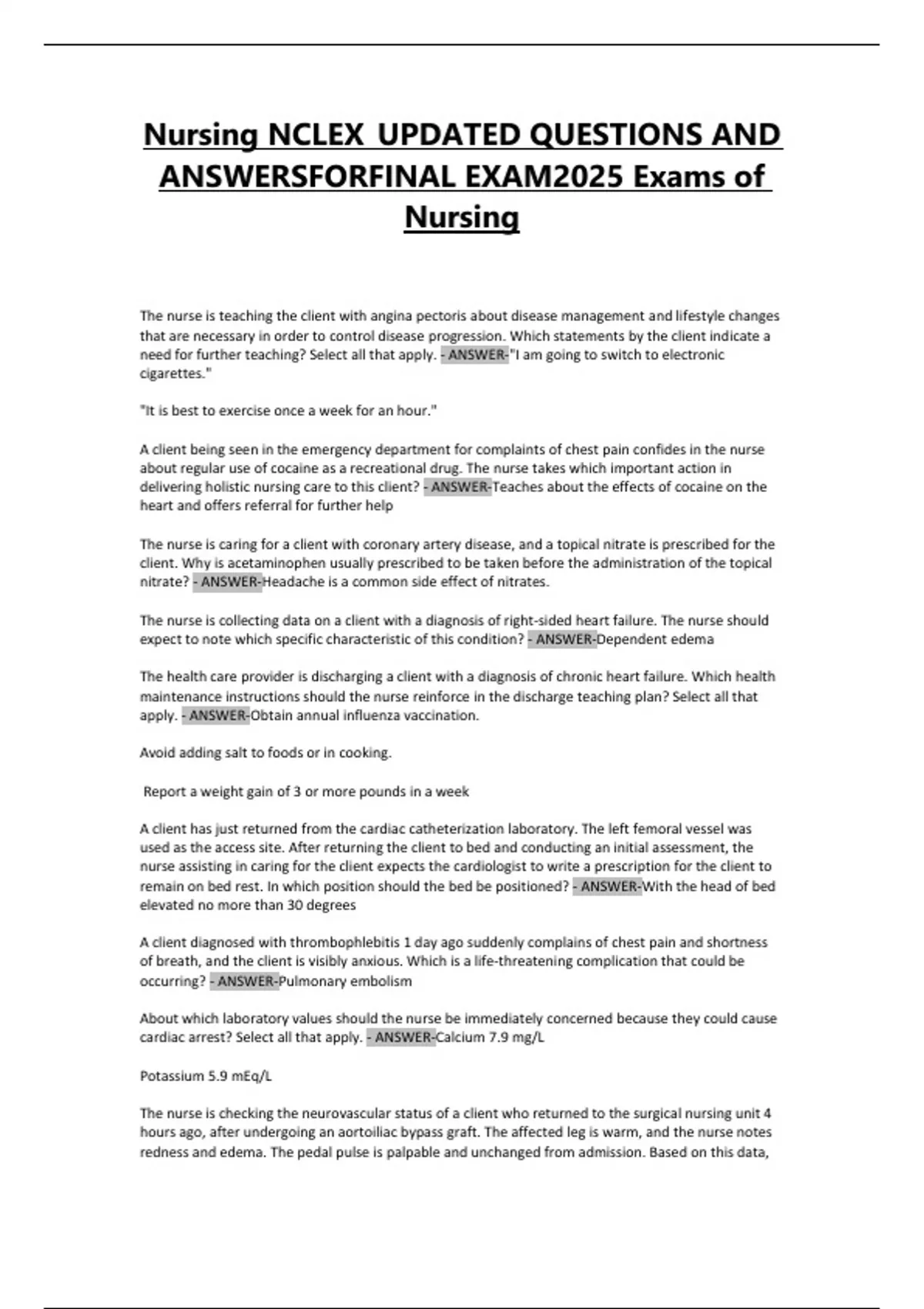 Nursing NCLEX UPDATED QUESTIONS AND ANSWERSFORFINAL EXAM2025 Exams of ...