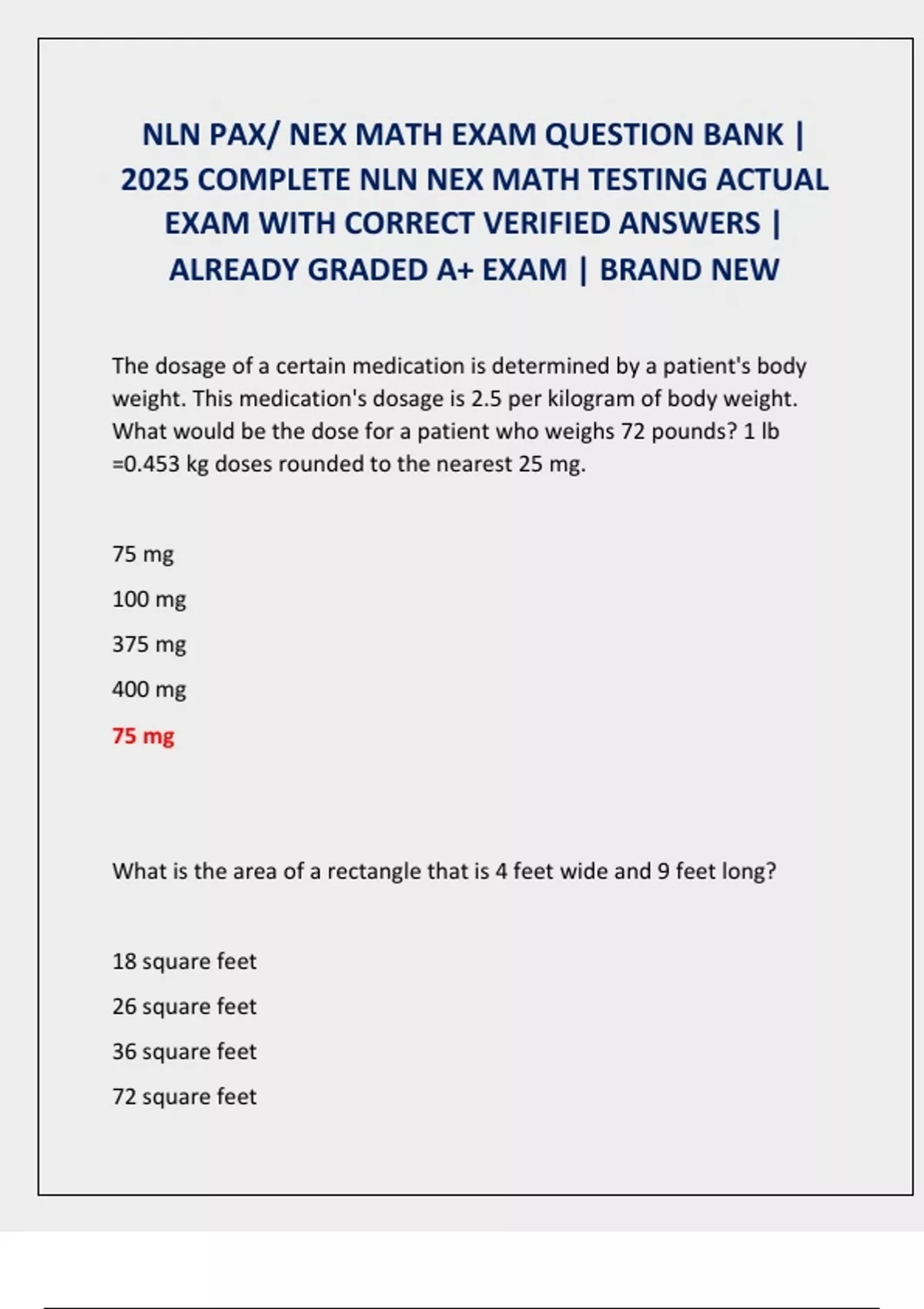 NLN PAX/ NEX MATH EXAM QUESTION BANK | 2025 COMPLETE NLN NEX MATH ...