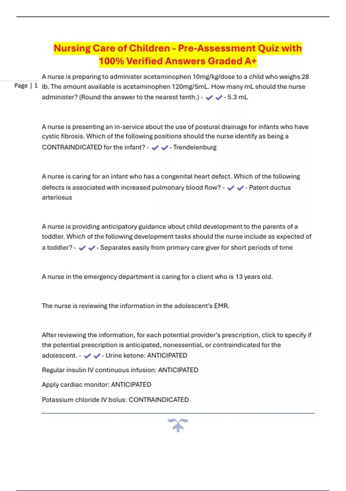 Nursing Care of Children - Pre-Assessment Quiz with 100% Verified ...