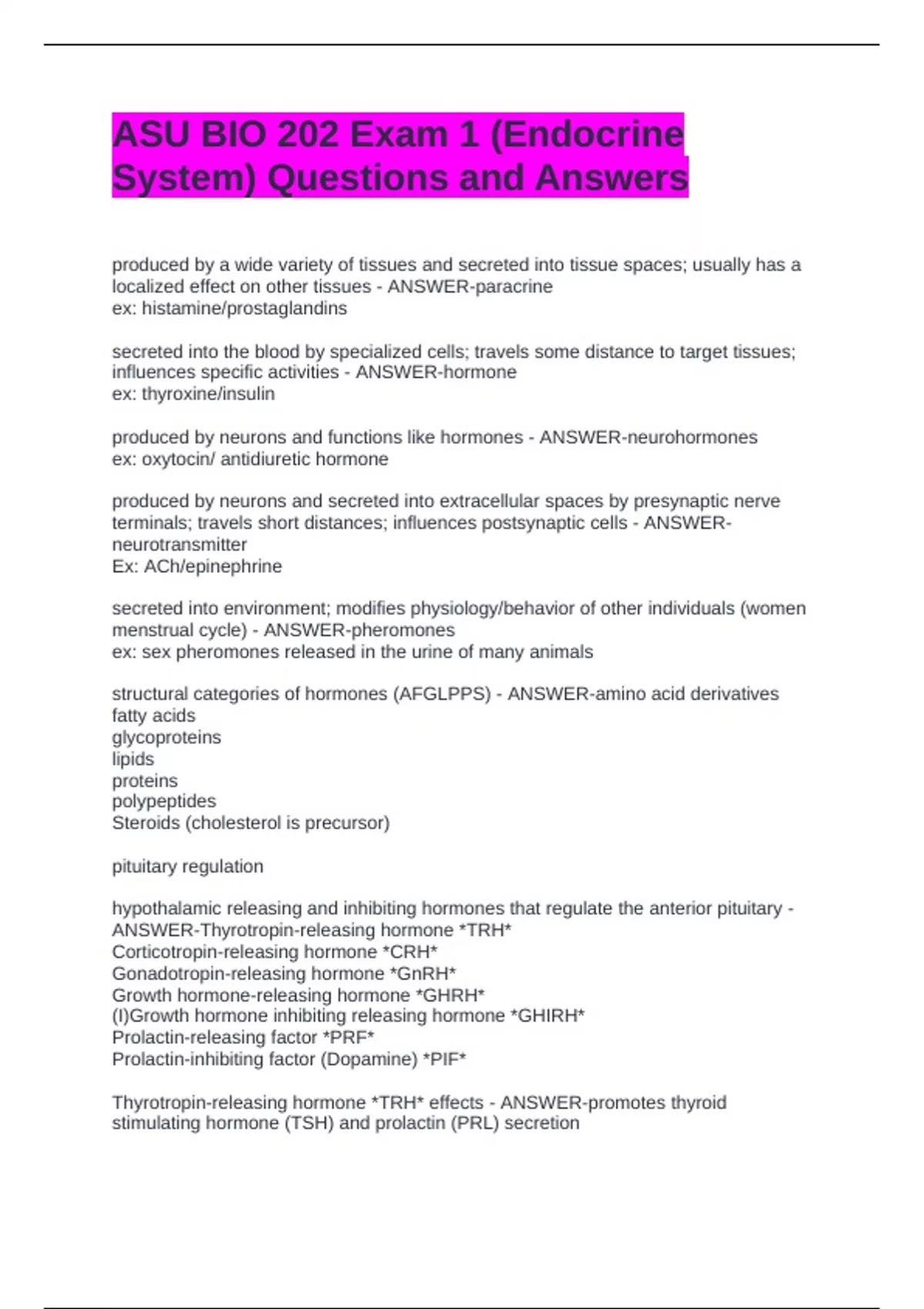 ASU BIO 202 Exam 1 (Endocrine System) Questions and Answers - Biology ...