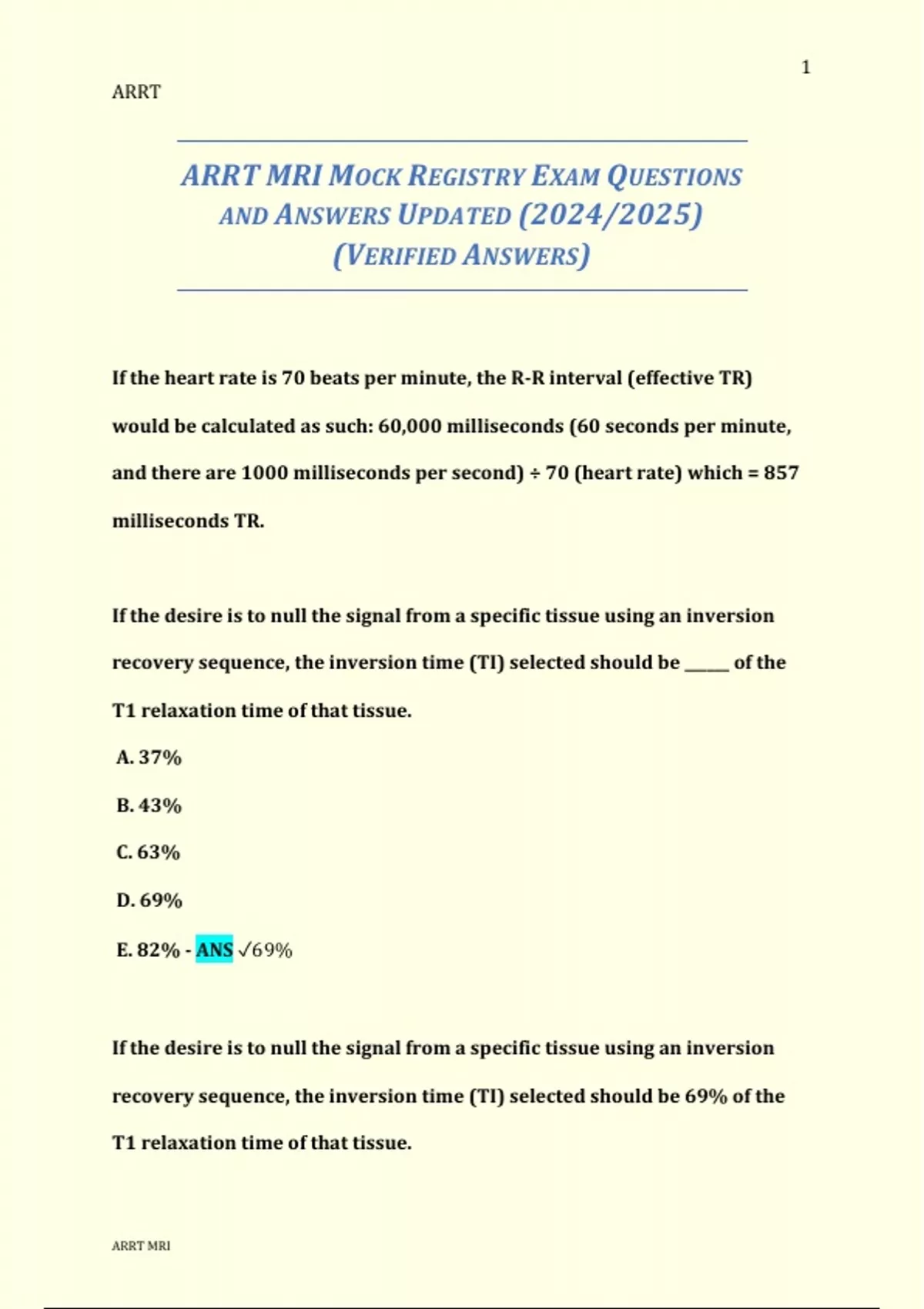 ARRT MRI MOCK REGISTRY EXAM QUESTIONS AND ANSWERS UPDATED (2024/2025) (VERIFIED ANSWERS) - ARRT ...