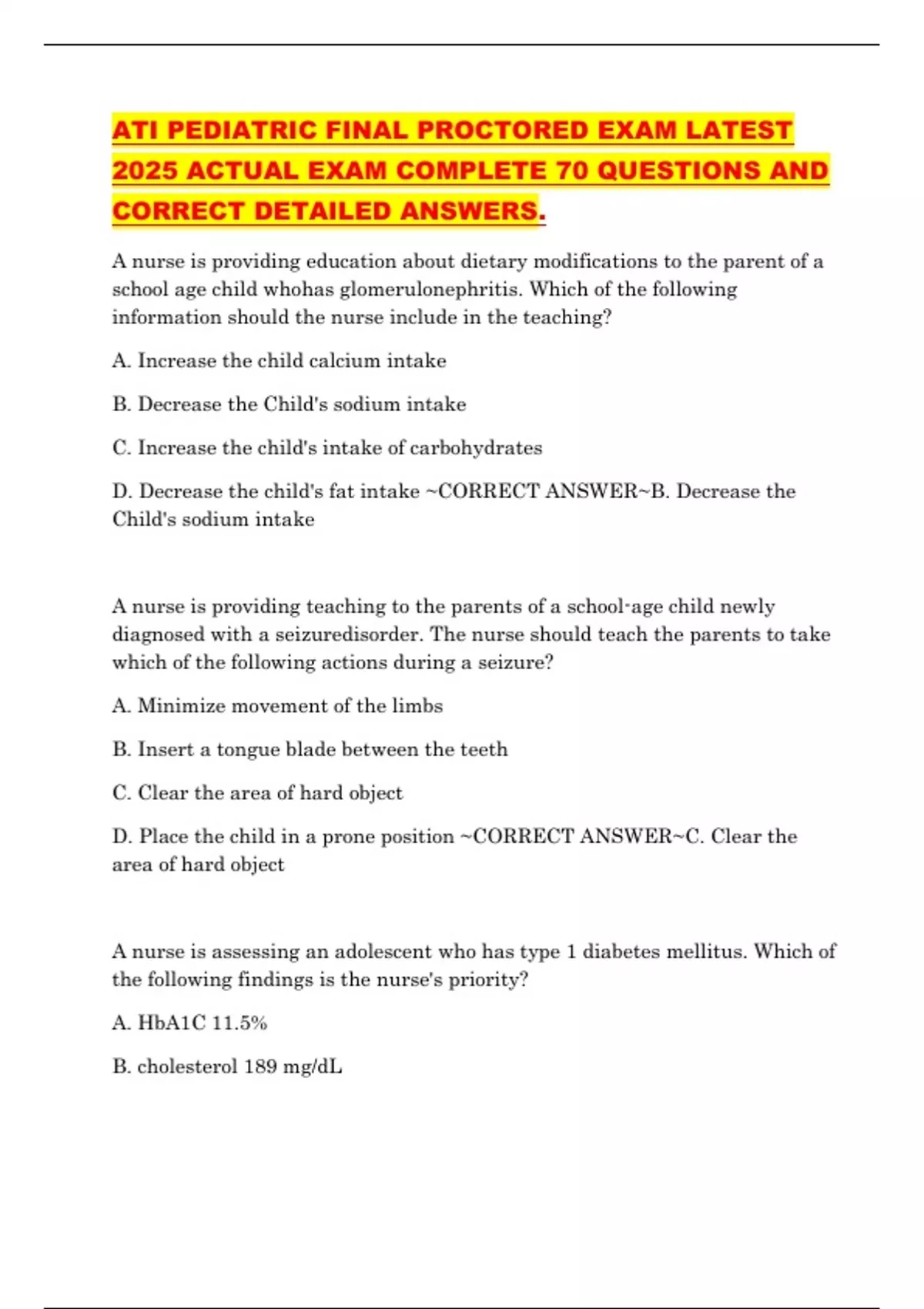 ATI PEDIATRIC FINAL PROCTORED EXAM LATEST 2025 ACTUAL EXAM COMPLETE 70 ...