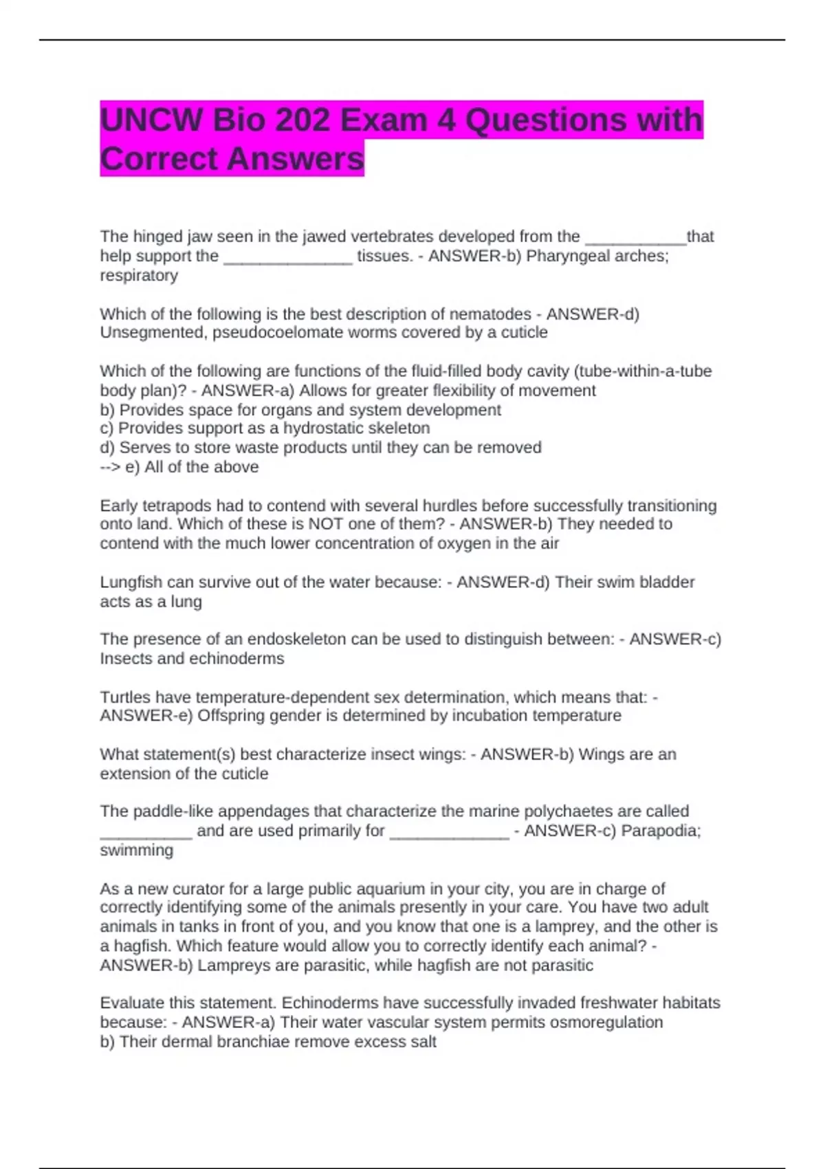 UNCW Bio 202 Exam 4 Questions with Correct Answers - Biology 202 ...