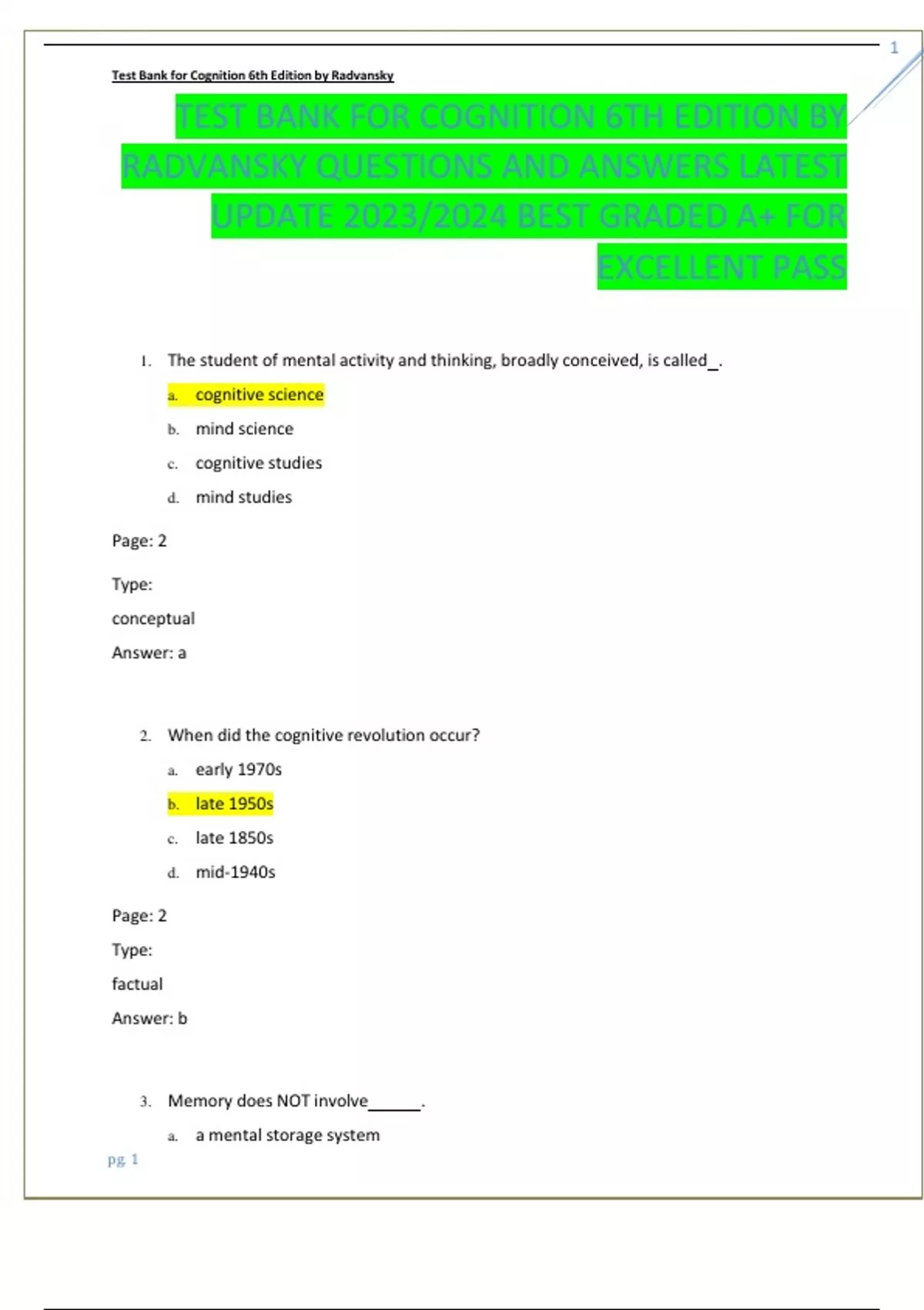 Test Bank for Cognition 6th Edition by Radvansky - COGNITION - Stuvia US