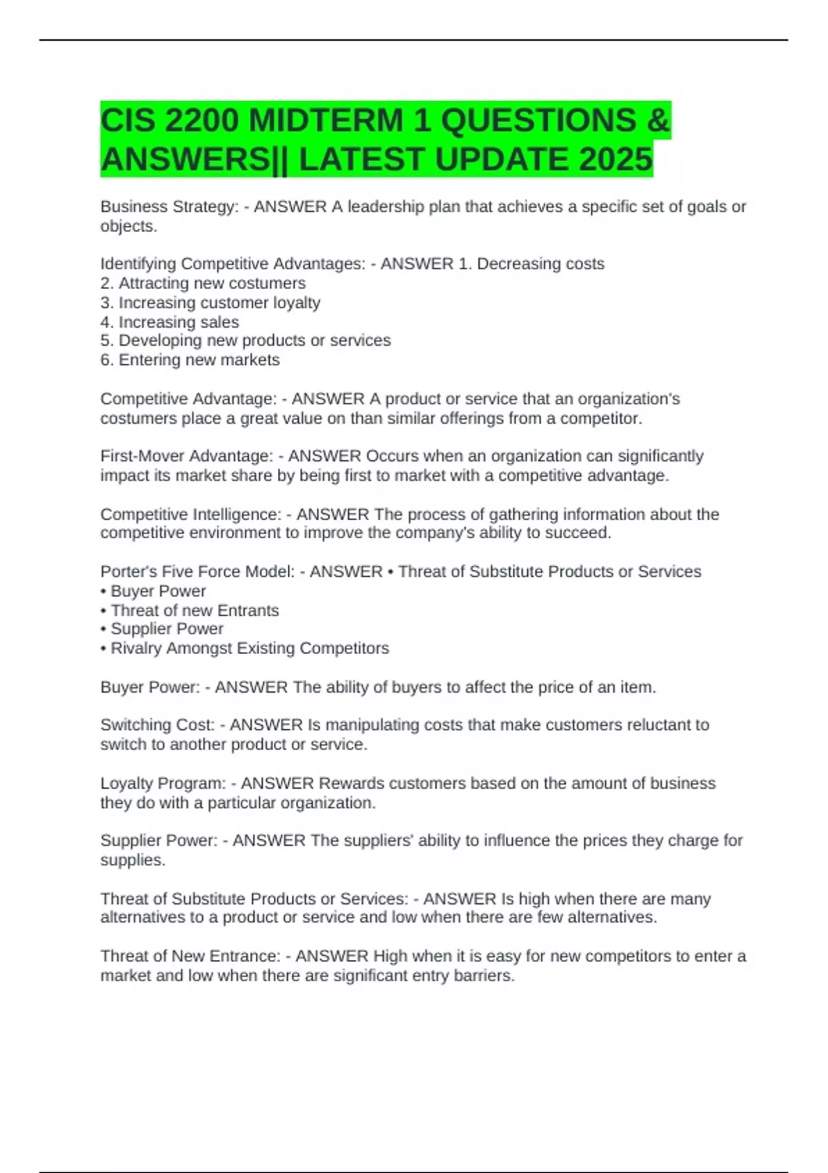 CIS 2200 MIDTERM 1 QUESTIONS & ANSWERS|| LATEST UPDATE 2025 - CIS 2200 ...