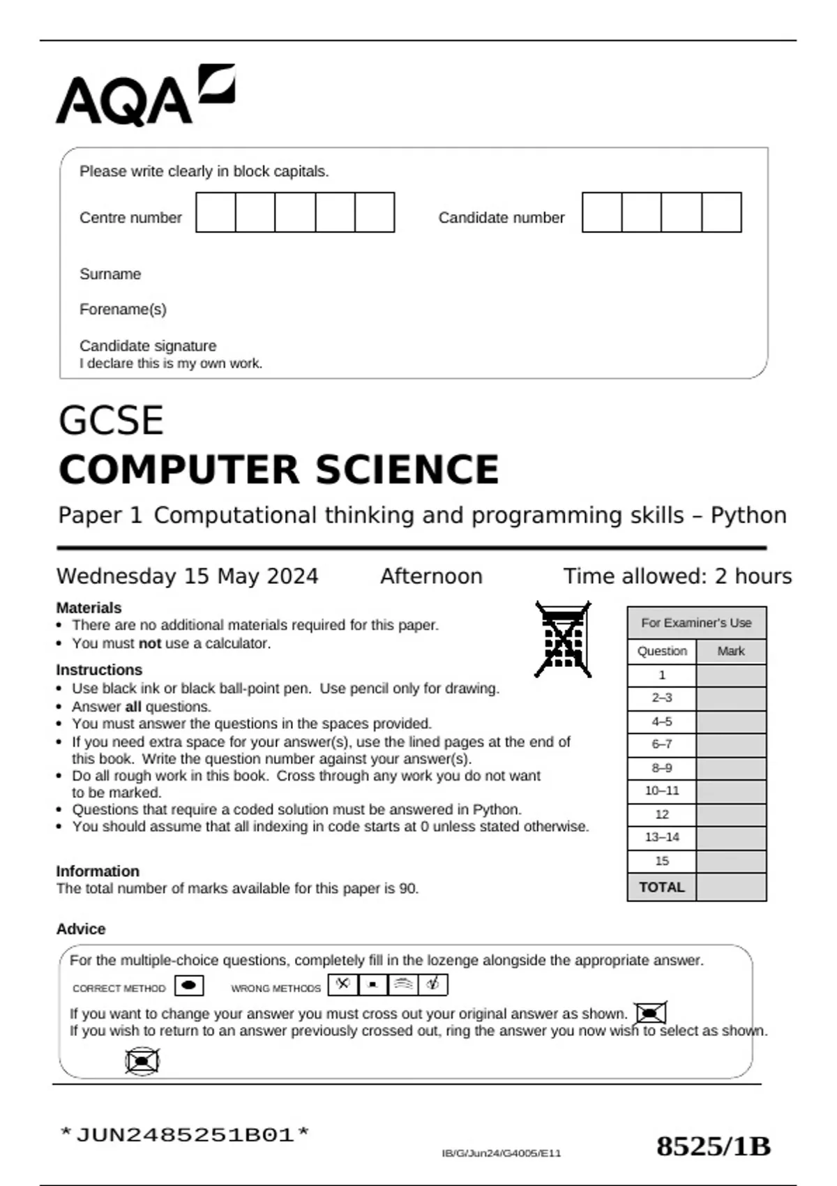 AQA GCSE 2024 COMPUTER SCIENCE PAPER 1B QP - AQA GCSE - Stuvia UK