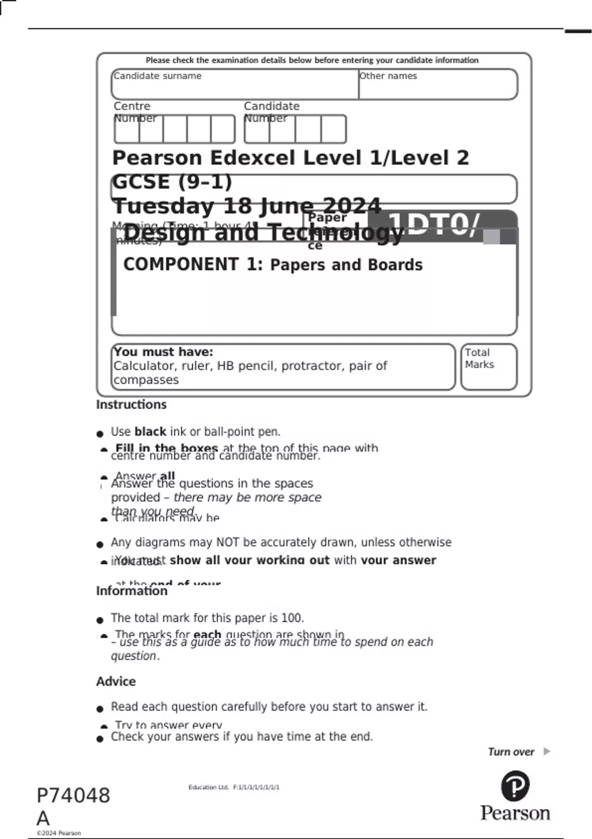 EDEXCEL GCSE JUNE 2024 DESIGN AND TECHNOLOGY PAPER 1B QP - EDEXCEL GCSE ...
