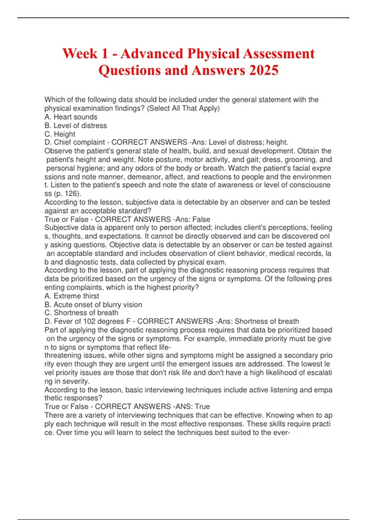 Week 1 - Advanced Physical Assessment Questions and Answers 2025 ...