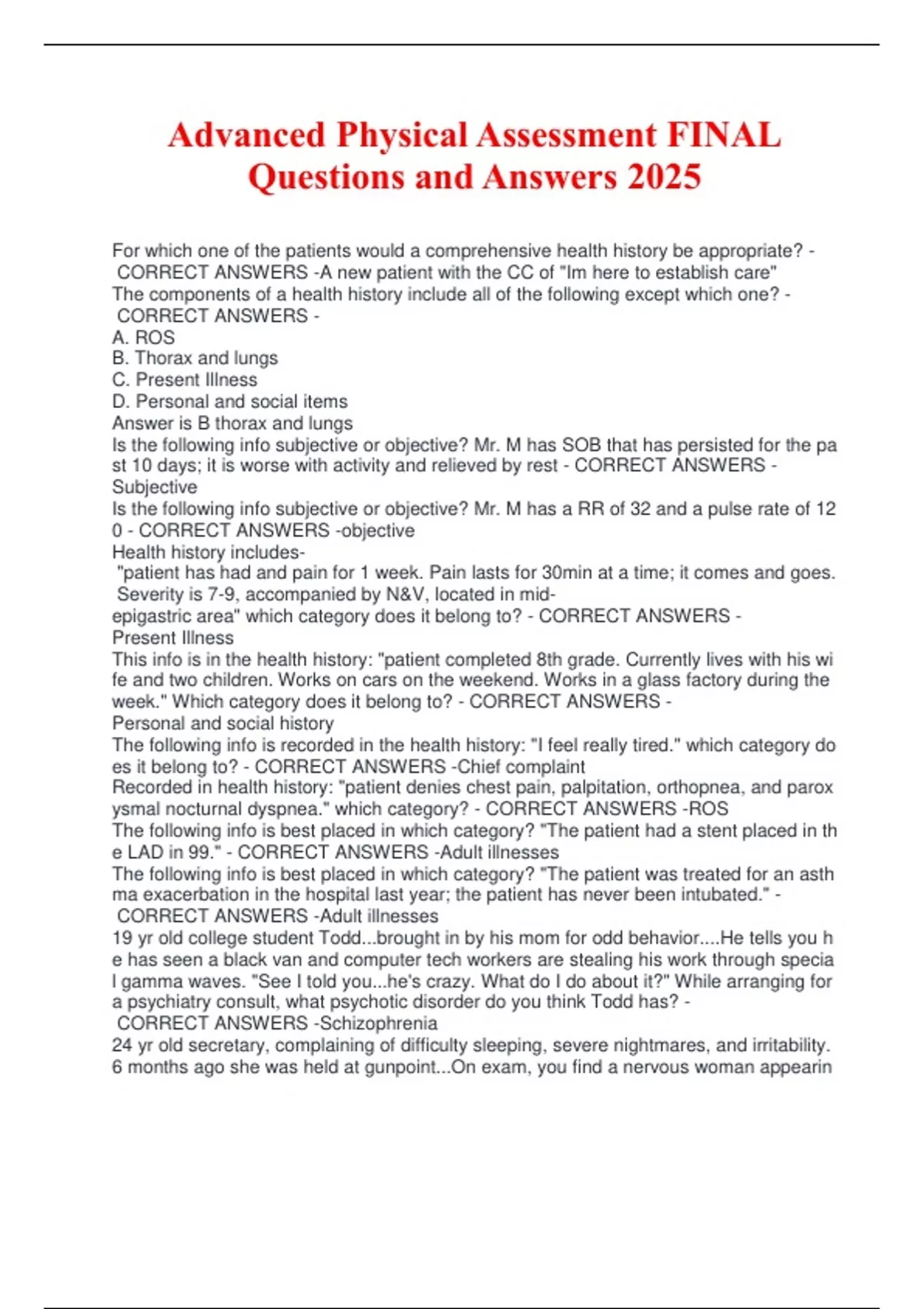 Advanced Physical Assessment FINAL Questions and Answers 2025 - NR509 ...