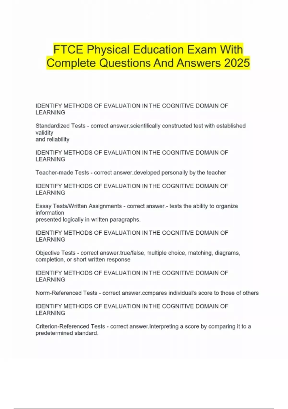 FTCE Physical Education Exam With Complete Questions And Answers 2025 ...