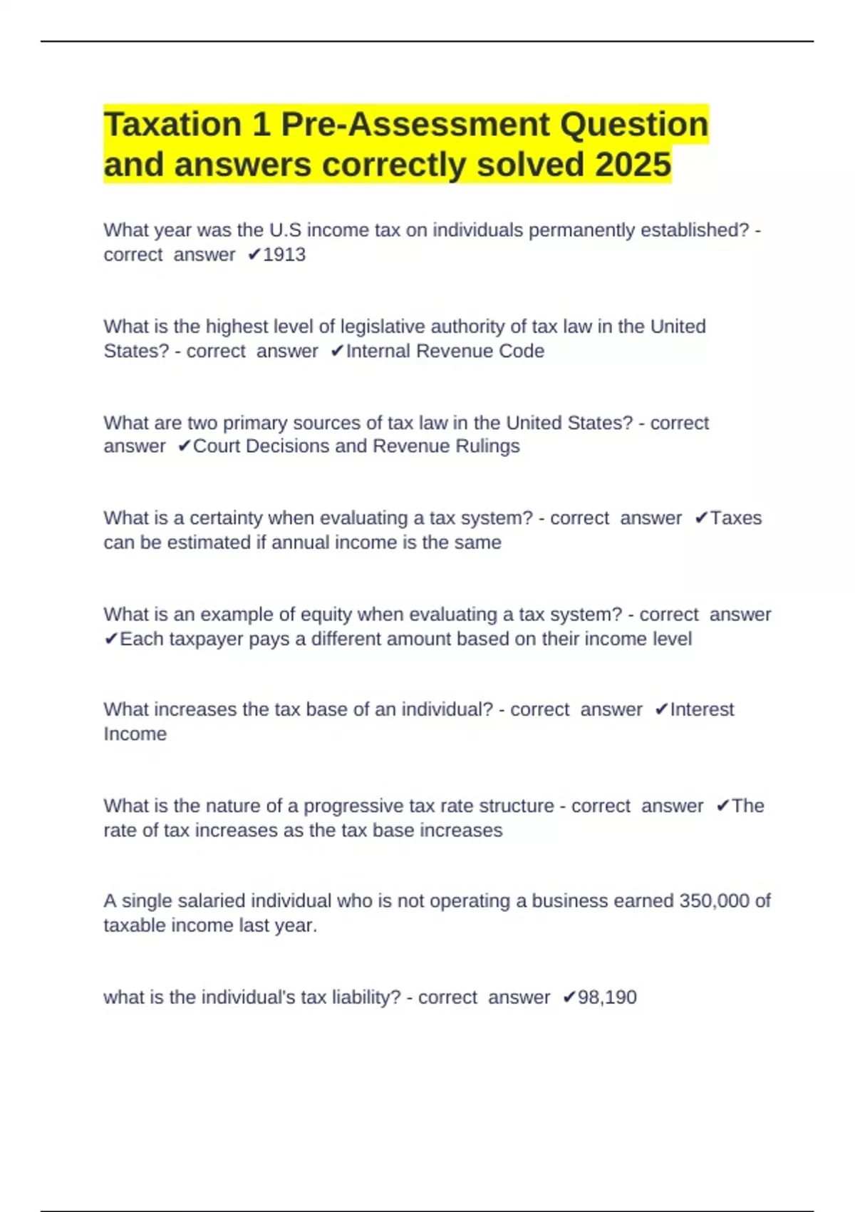 Taxation 1 Pre-Assessment Question and answers correctly solved 2025 ...