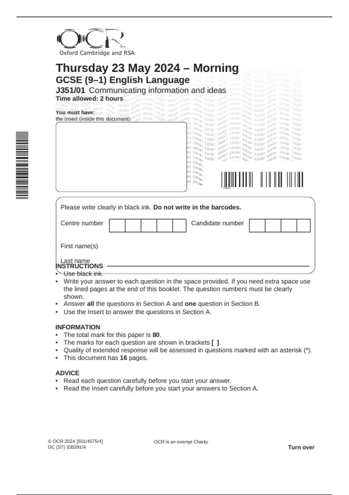 OCR GCSE 2024 ENGLISH LANGUAGE PAPER 1 QP - OCR GCSE - Stuvia UK