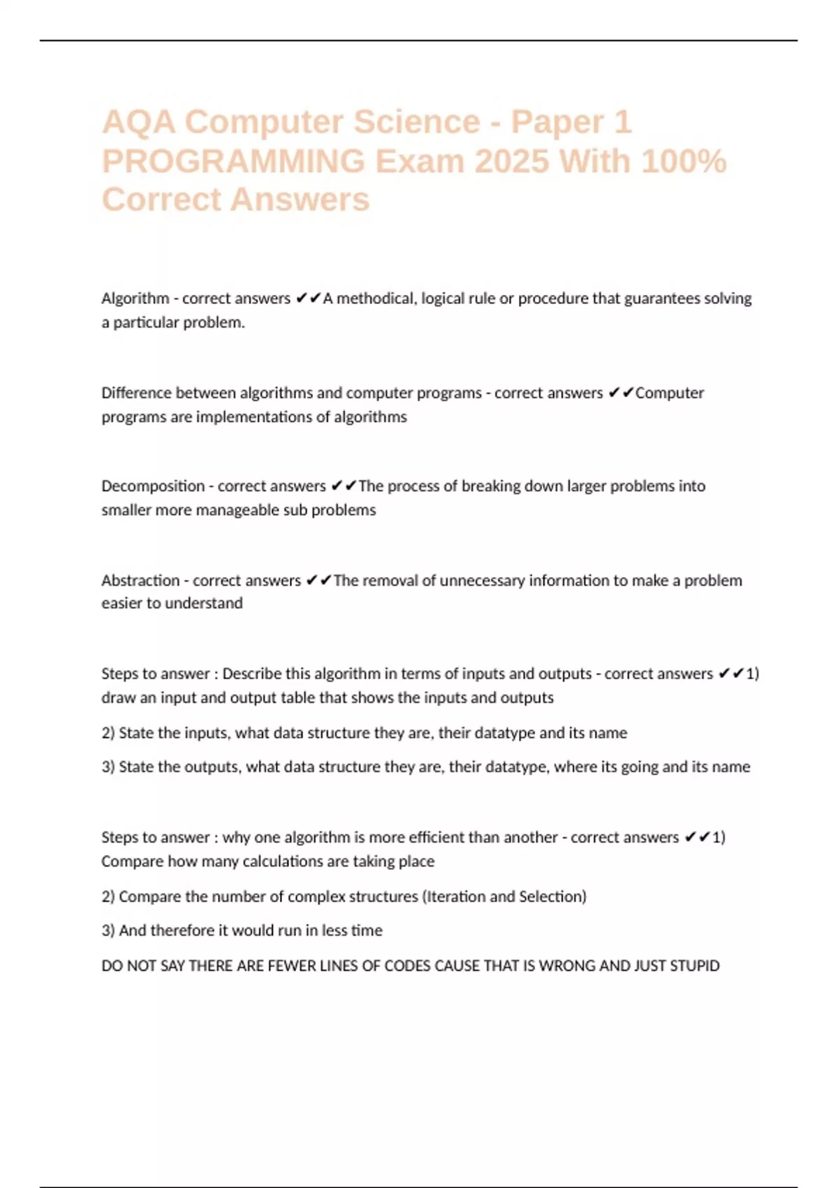 AQA Computer Science - Paper 1 PROGRAMMING Exam 2025 With 100% Correct Answers - AQA Computer ...