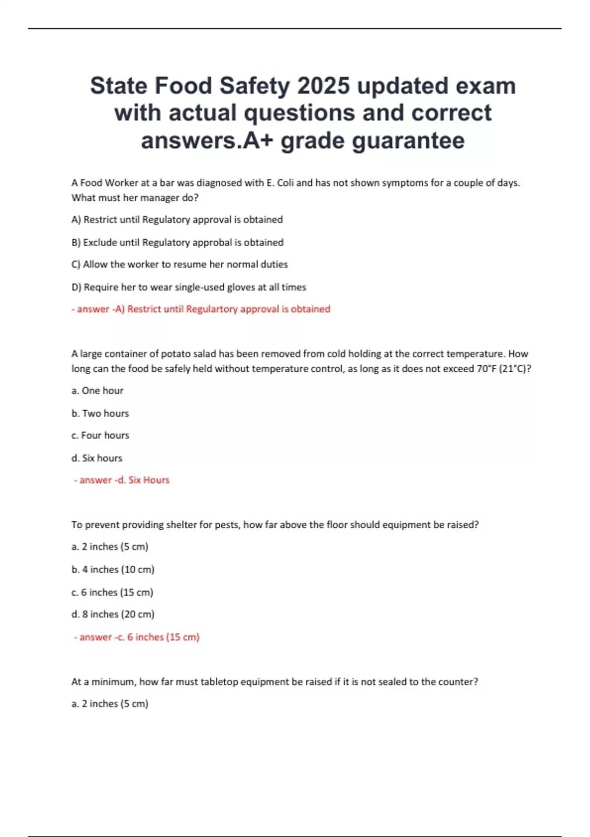 State Food Safety 2025 updated exam with actual questions and correct ...