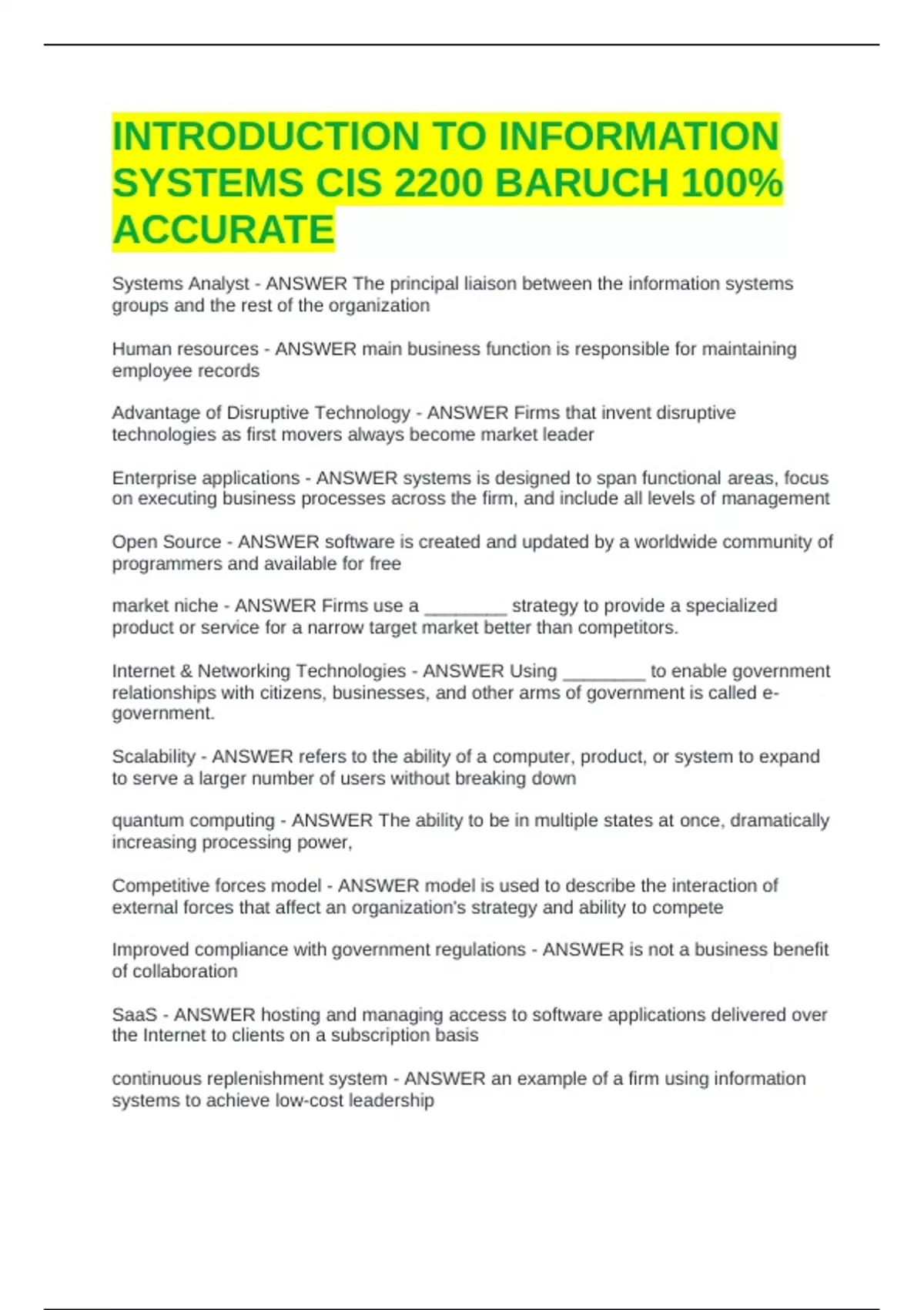 INTRODUCTION TO INFORMATION SYSTEMS CIS 2200 BARUCH 100% ACCURATE - CIS 2200 - Stuvia US