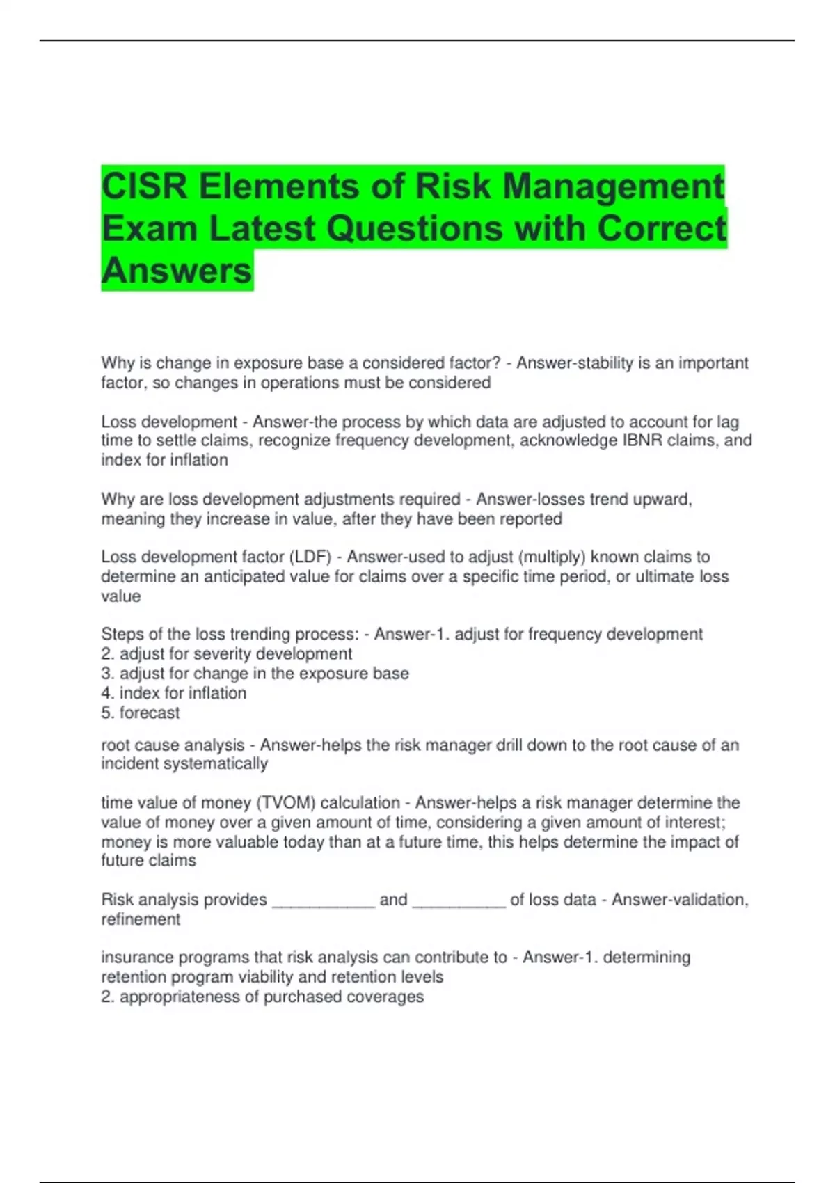 CISR Elements of Risk Management Exam Latest Questions with Correct ...