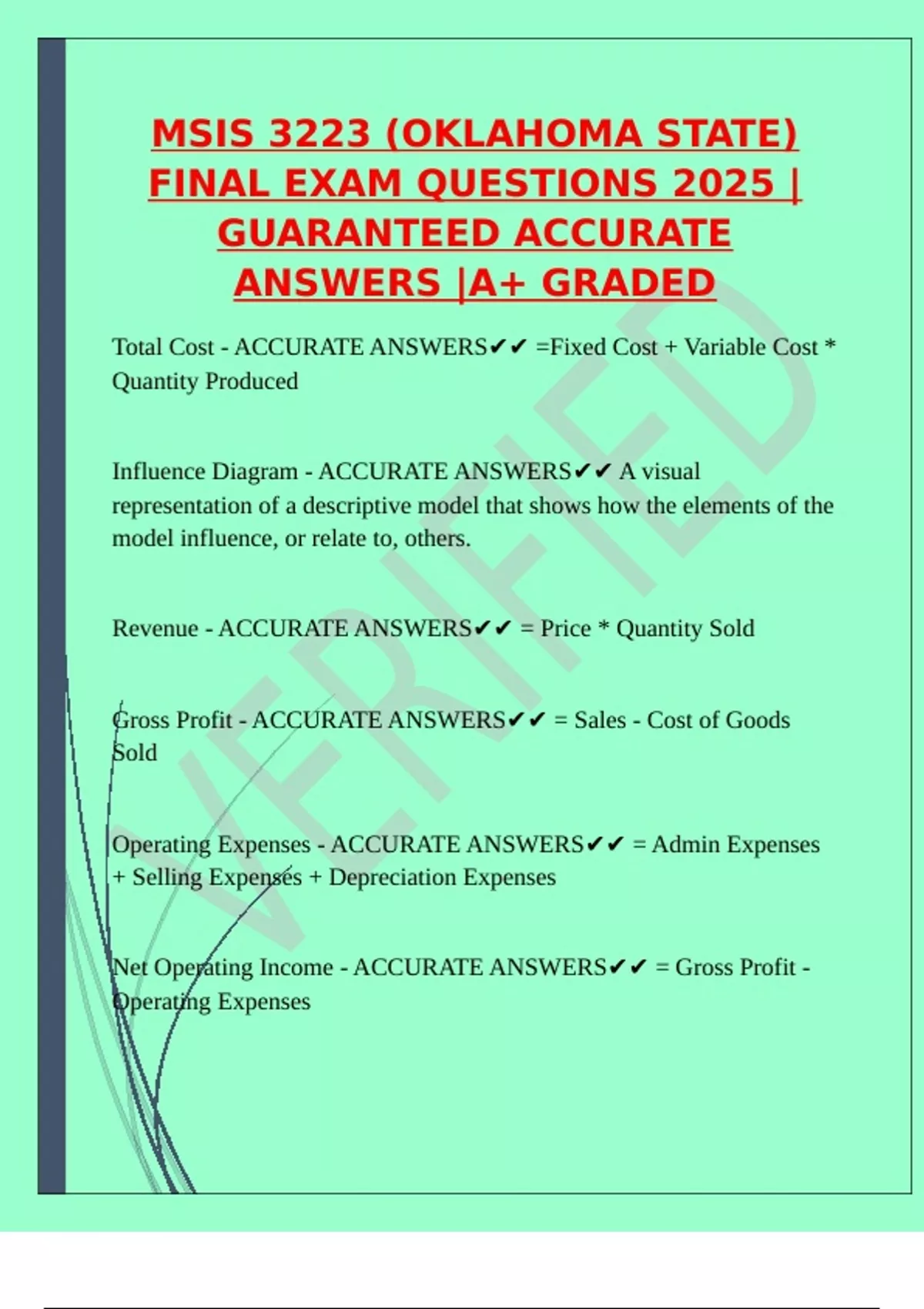 PACKAGE DEAL FOR THE MSIS 3223 EXAMS 2025 |GUARANTEED ACCURATE ANSWERS ...