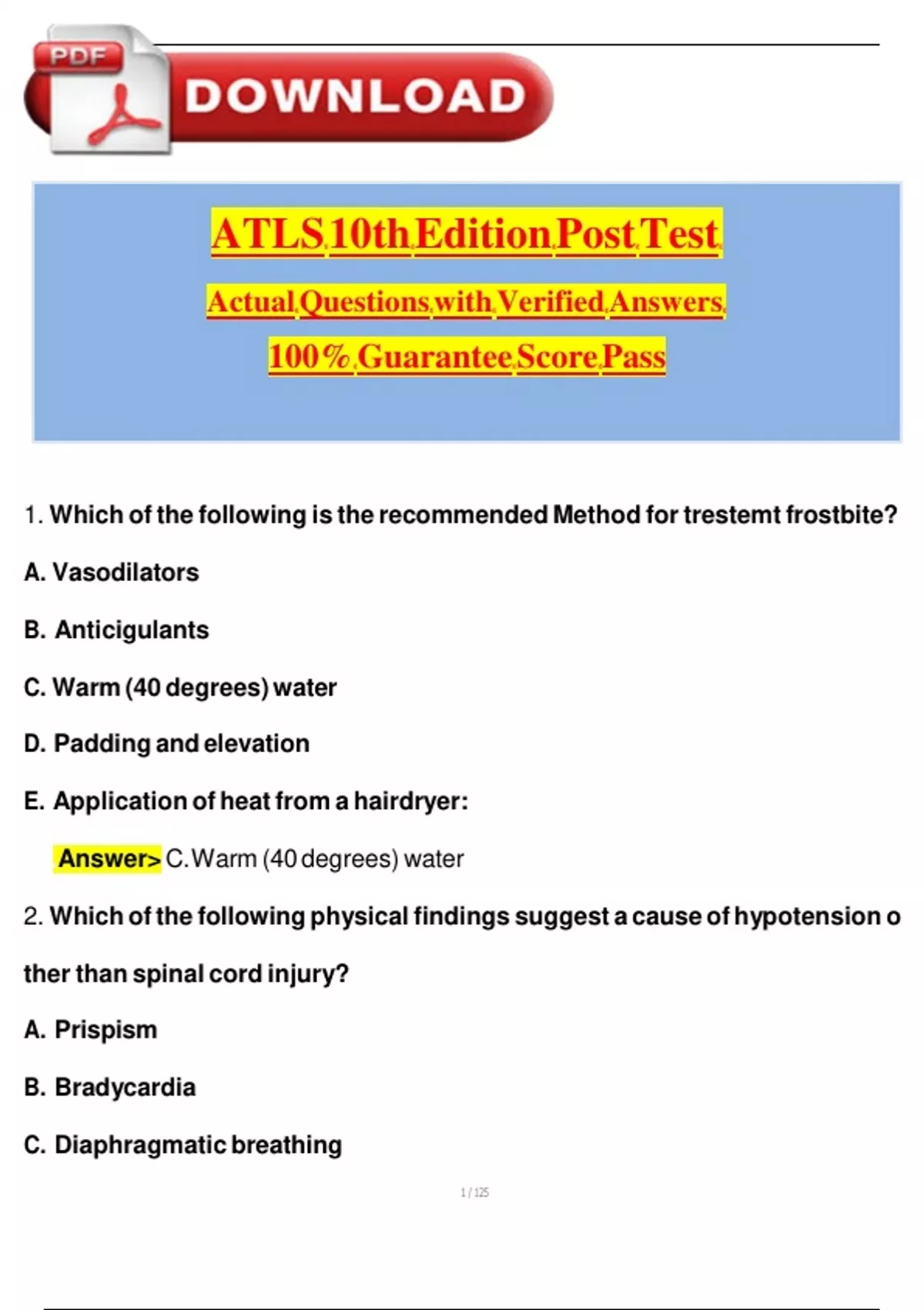ATLS 10th Edition Post Test 1 Questions and Verified Answers (2025 / ...