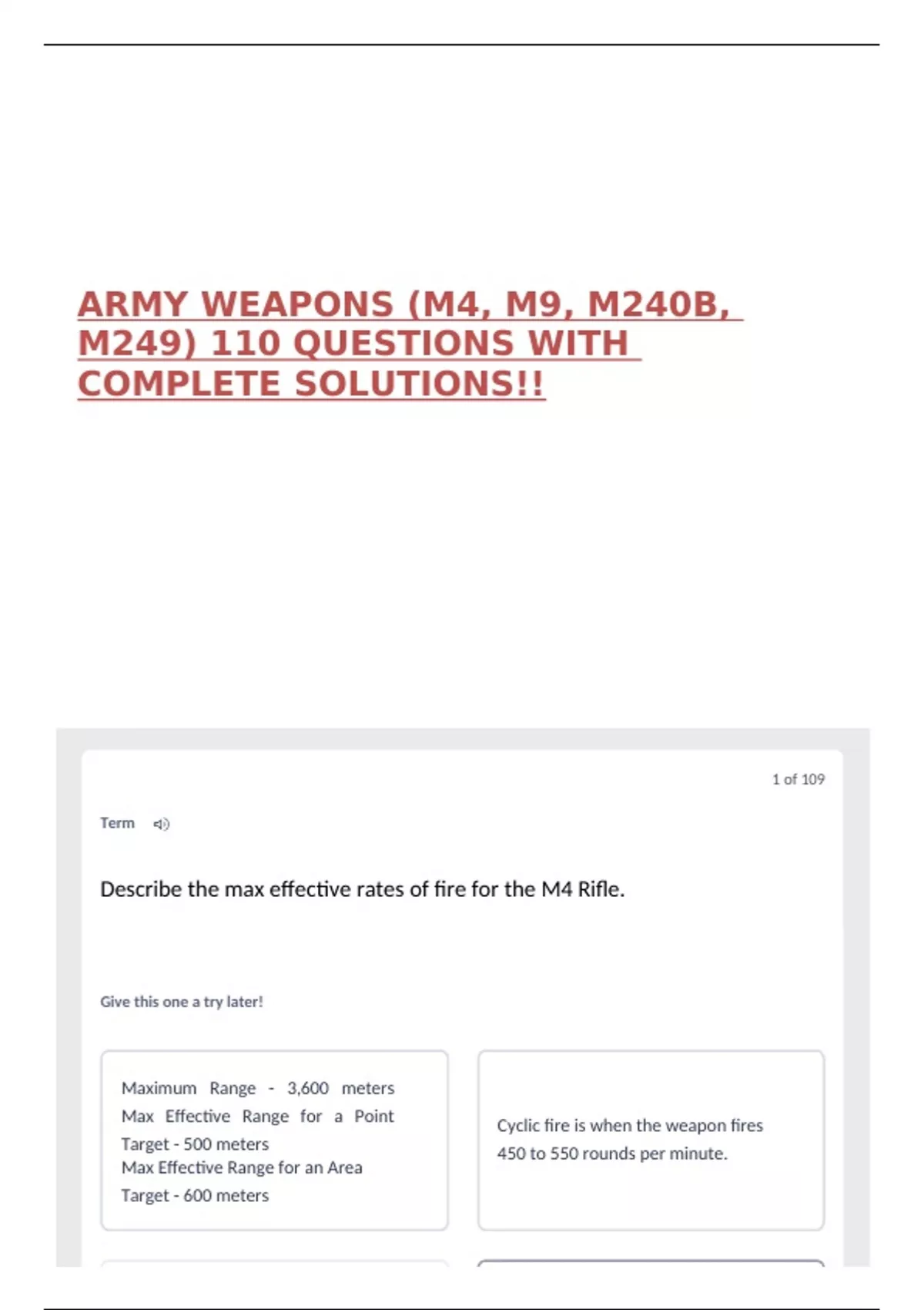 ARMY WEAPONS (M4, M9, M240B, M249) 110 QUESTIONS WITH COMPLETE SOLUTIONS!! - ARMY WEAPONS ...