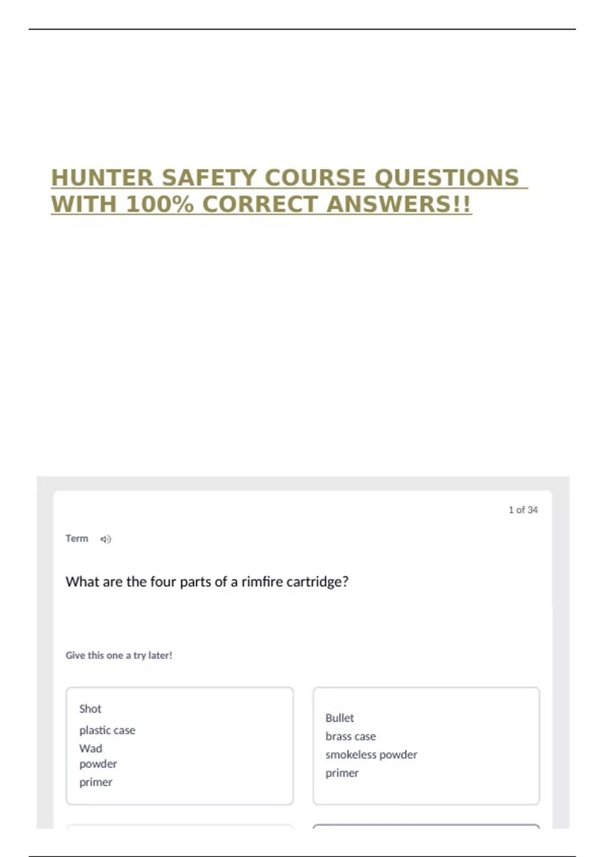 HUNTER SAFETY COURSE QUESTIONS WITH 100% CORRECT ANSWERS!! - HUNTER ...
