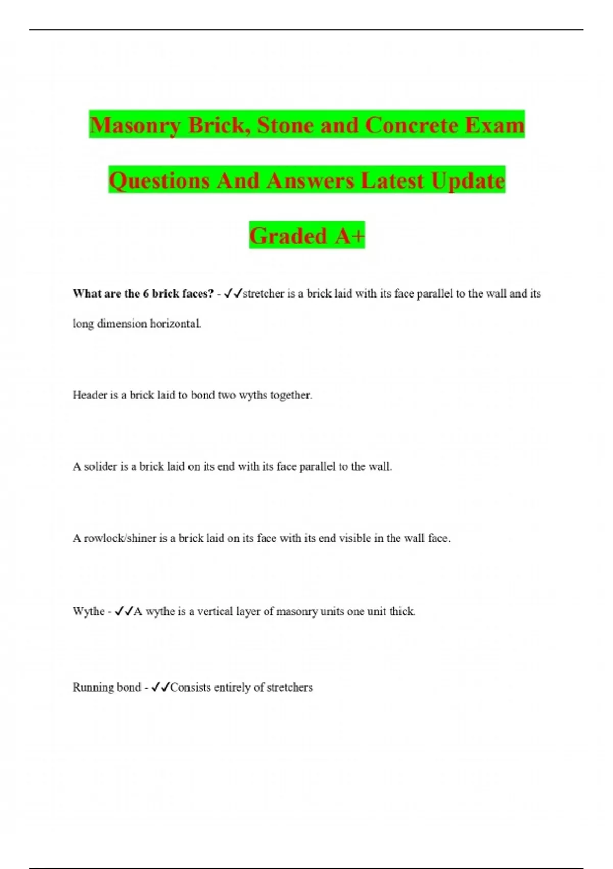 Masonry Brick, Stone and Concrete Exam Questions And Answers Latest ...