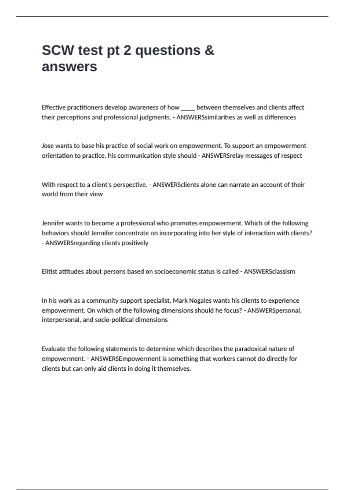 SCW test pt 2 questions & answers - SCW - Stuvia US