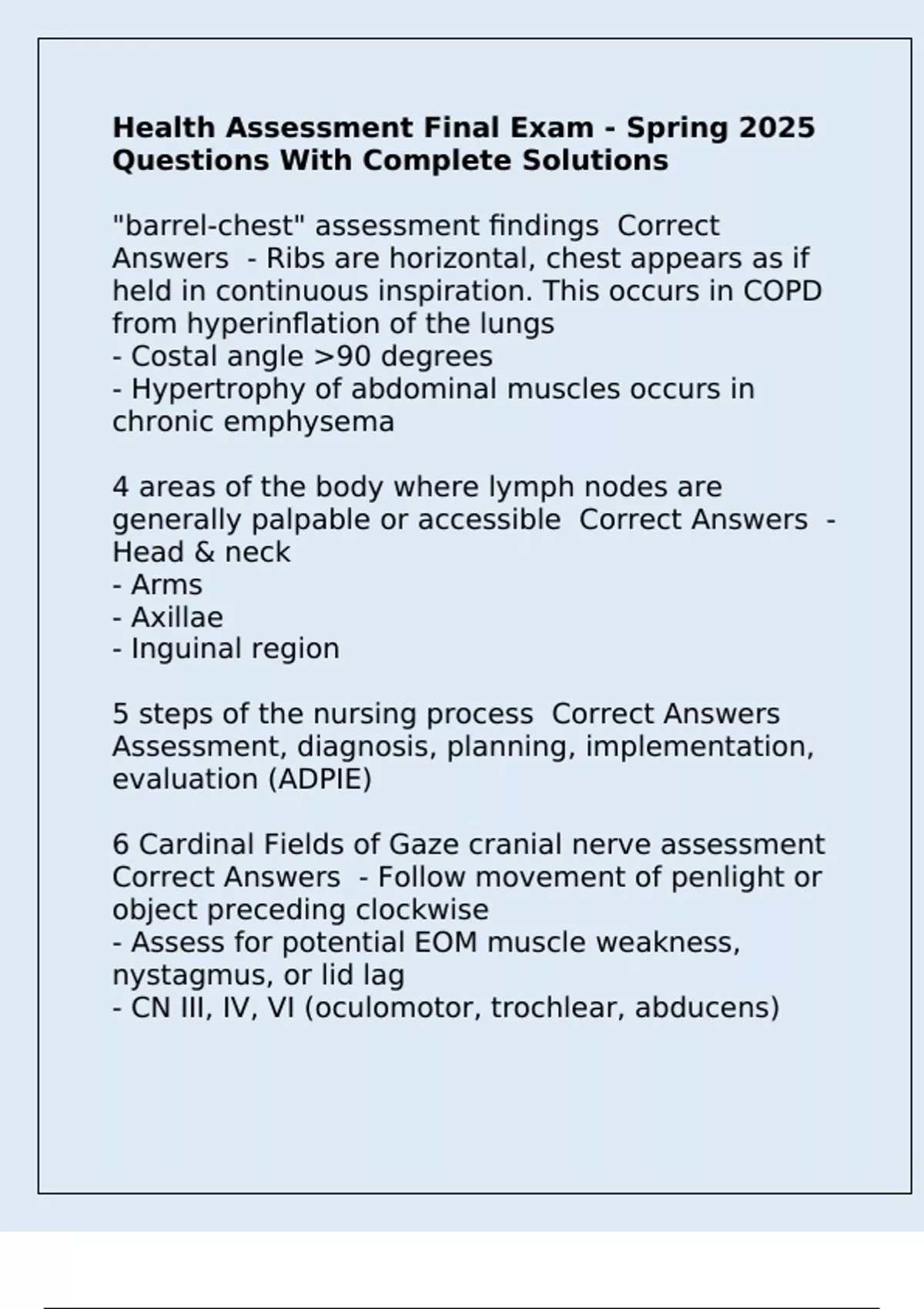 Health Assessment Final Exam - Spring 2025 Questions With Complete ...