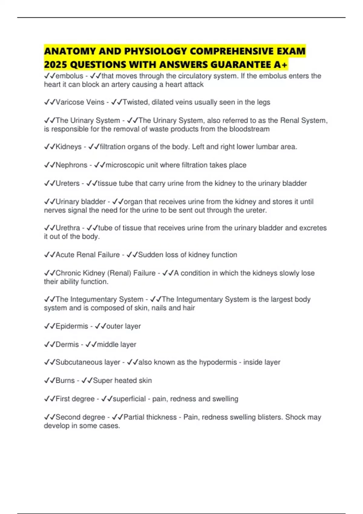 ANATOMY AND PHYSIOLOGY COMPREHENSIVE EXAM 2025 QUESTIONS WITH ANSWERS GUARANTEE A+ - Anatomy ...