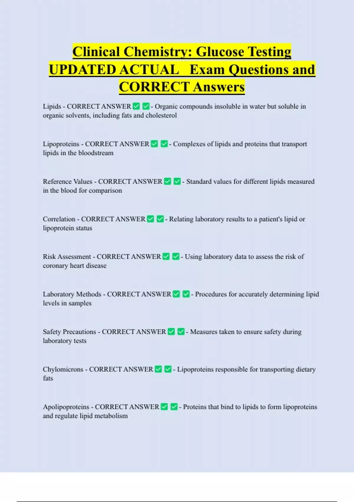 Clinical Chemistry: Glucose Testing UPDATED ACTUAL Exam Questions and ...